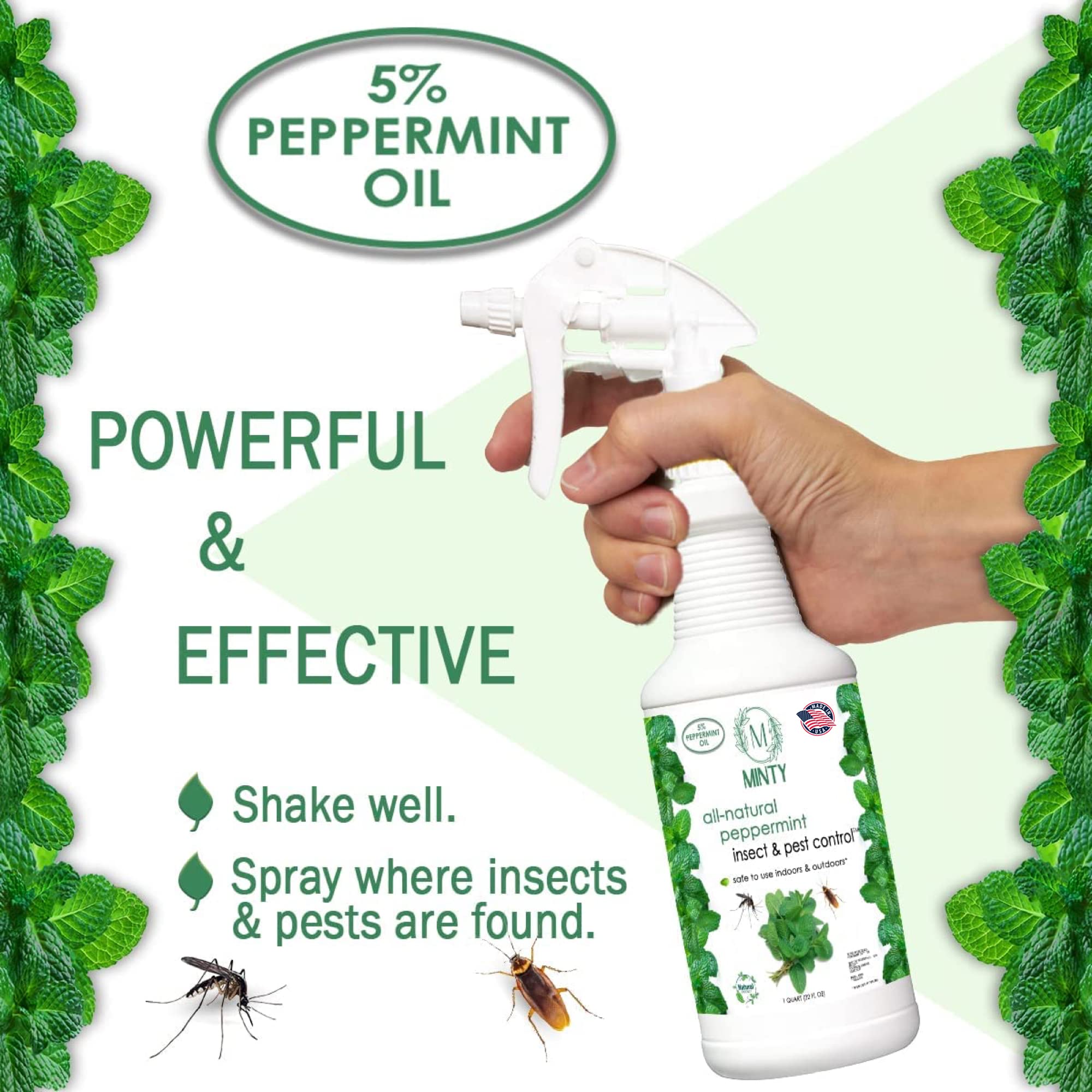 Minty Insect & Pest Control, Powerful & Natural 5% Peppermint Oil Spray for Ants, Spiders, Bed Bugs, Dust Mites, Roaches and More - Indoor and Outdoor Use, 128 fl oz Gallon