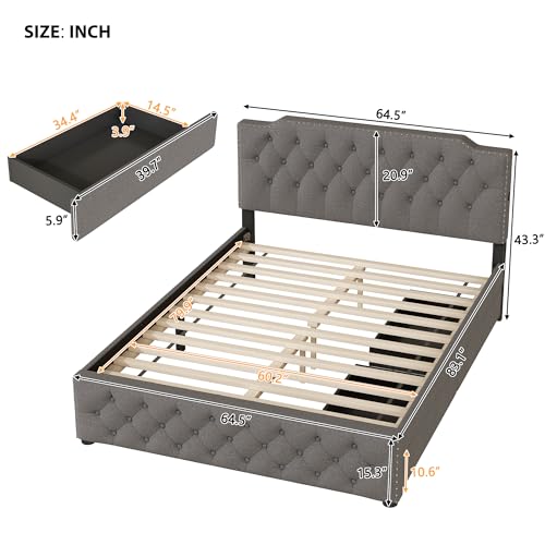 HBRR Queen Size Bed Frame with 2 Drawers and 2 Sets of USB Ports, Upholstered Platform Bed with Button-Tufted Headboard, Wooden Slats Support, No Box Spring Needed, Gray