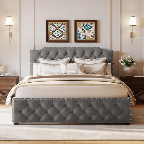 HBRR Queen Size Bed Frame with 2 Drawers and 2 Sets of USB Ports, Upholstered Platform Bed with Button-Tufted Headboard, Wooden Slats Support, No Box Spring Needed, Gray
