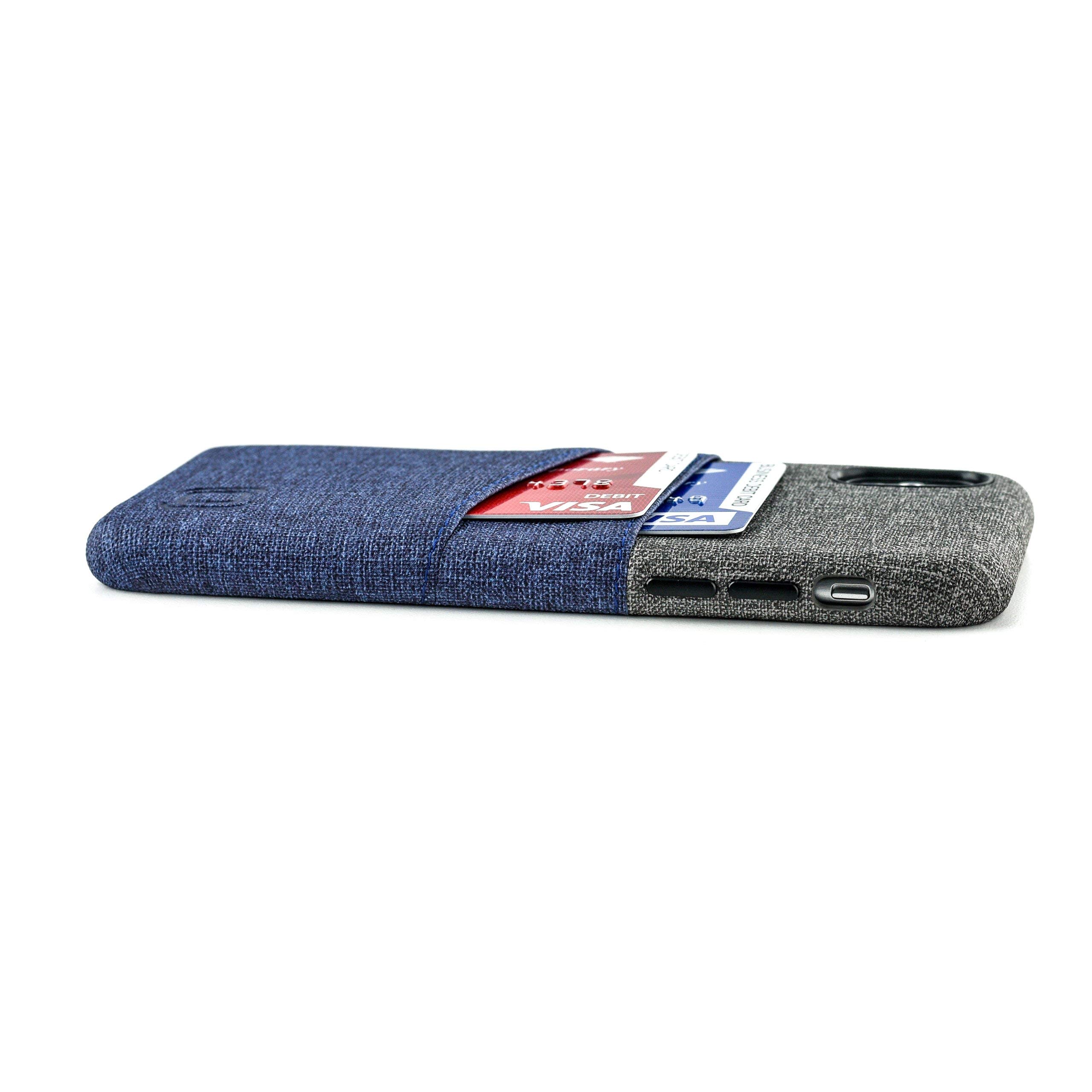 Dockem Wallet Case for iPhone X/XS (5.8"): Built-in Metal Plate for Magnetic Mounting & 2 Credit Card Holder Slots (Luxe M2 Synthetic Leather, Blue & Grey)