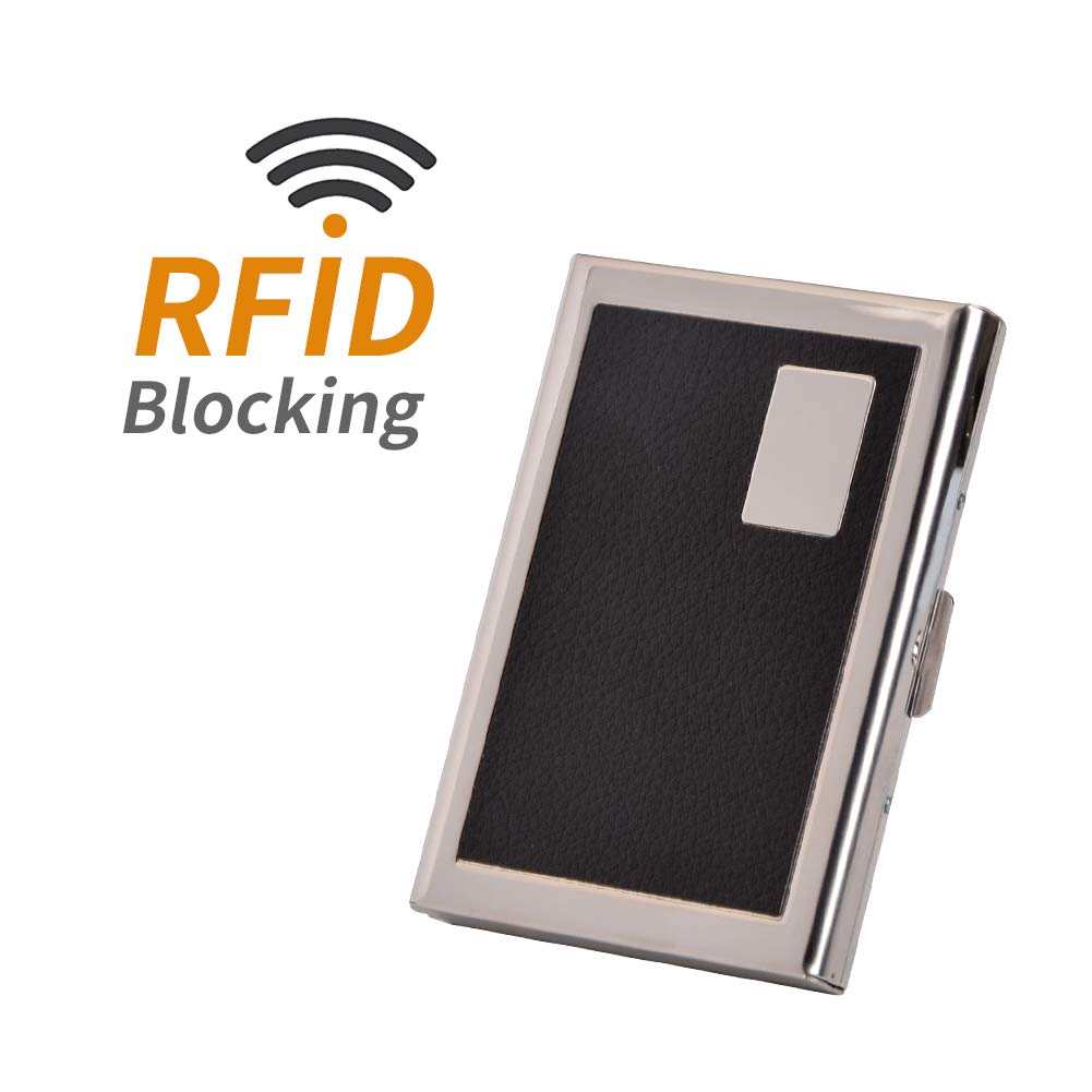 EASTNIGHTS RFID Credit Card Holder Metal Wallet Stainless Steel and Pu Leather Credit Card Protector Case for Men or Women (black)