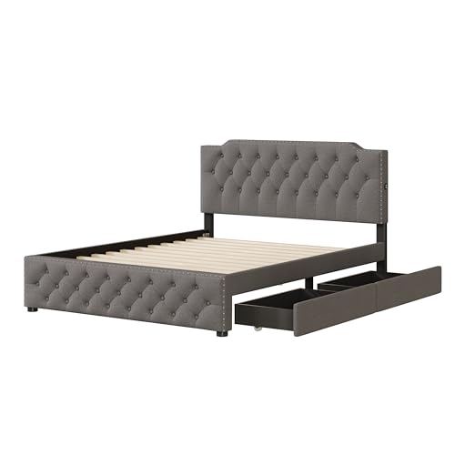 HBRR Queen Size Bed Frame with 2 Drawers and 2 Sets of USB Ports, Upholstered Platform Bed with Button-Tufted Headboard, Wooden Slats Support, No Box Spring Needed, Gray