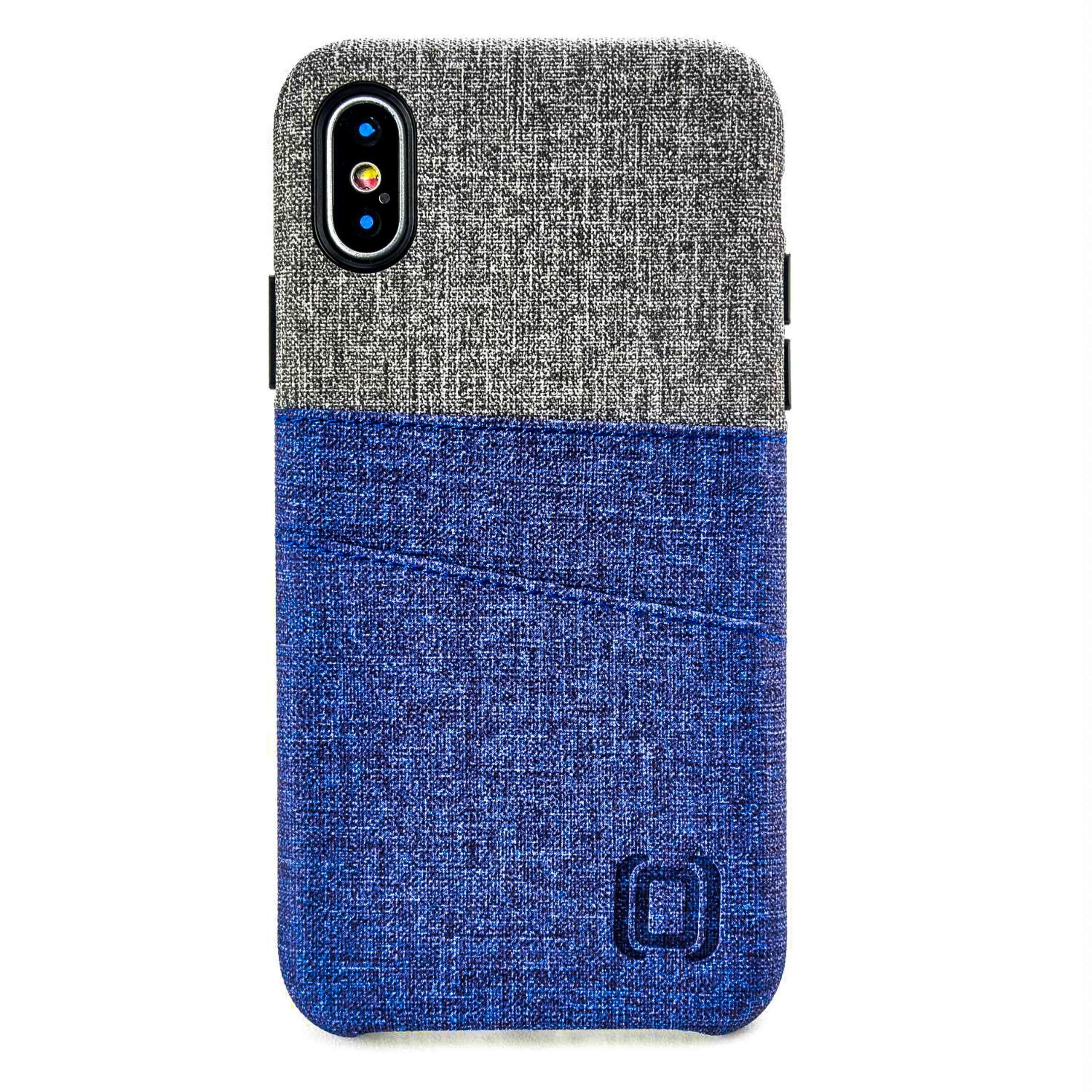 Dockem Wallet Case for iPhone X/XS (5.8"): Built-in Metal Plate for Magnetic Mounting & 2 Credit Card Holder Slots (Luxe M2 Synthetic Leather, Blue & Grey)