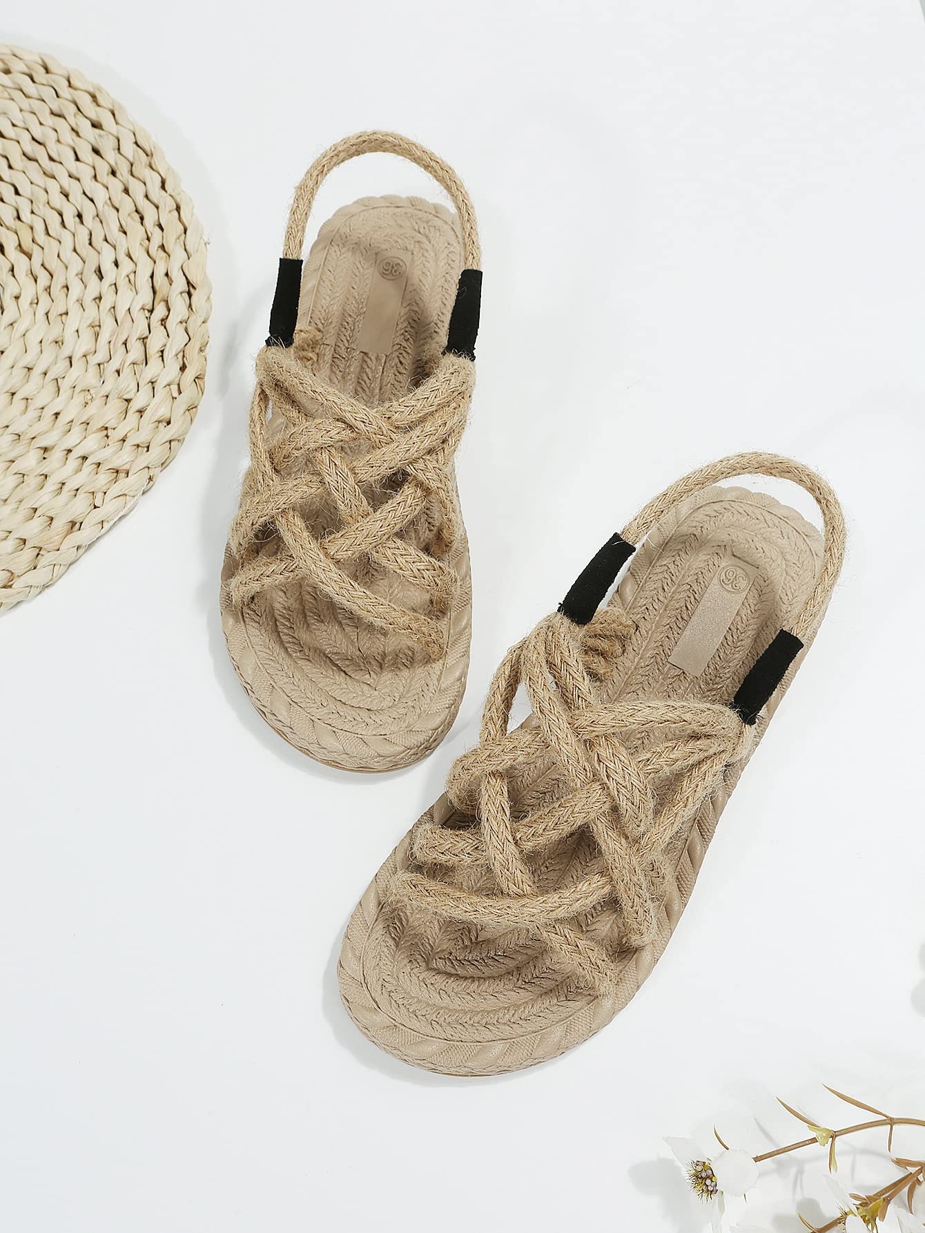 GORGLITTER Women's Criss Cross Strap Sandals Slingback Summer Beach Straw Flats Khaki CN41