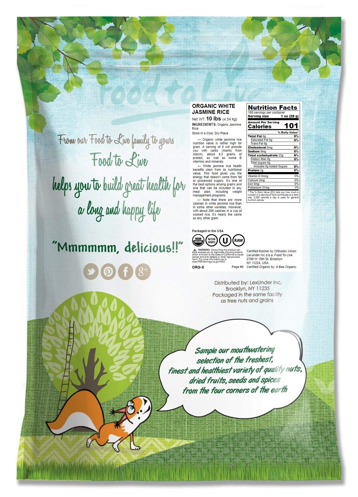 Food to Live - Organic White Jasmine Rice, 10 Pounds - Non-GMO, Long-Grain Rice Variety, Raw, Vegan