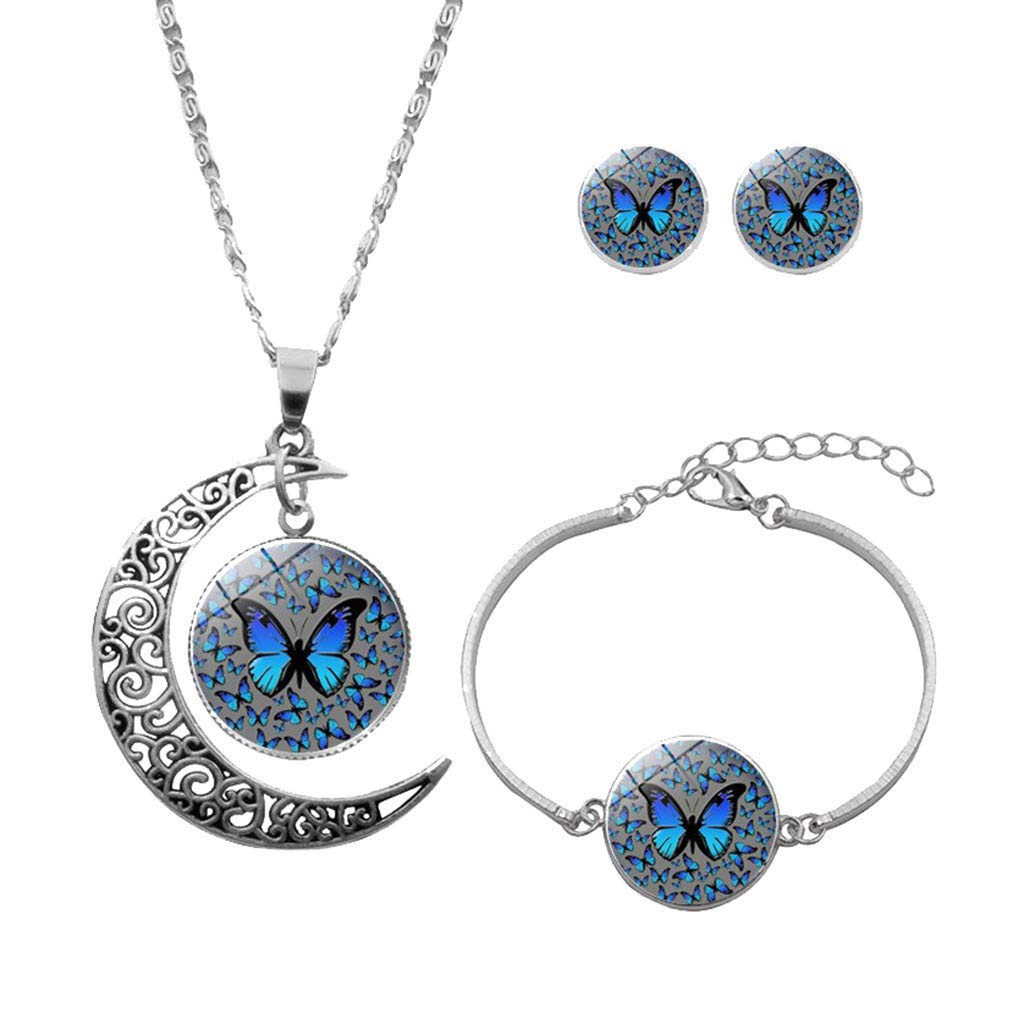 🍀 AIUSD Clearance 🍀, Vintage Metal Print Butterfly Set Necklace Bracelet Earrings Ladies Jewelry