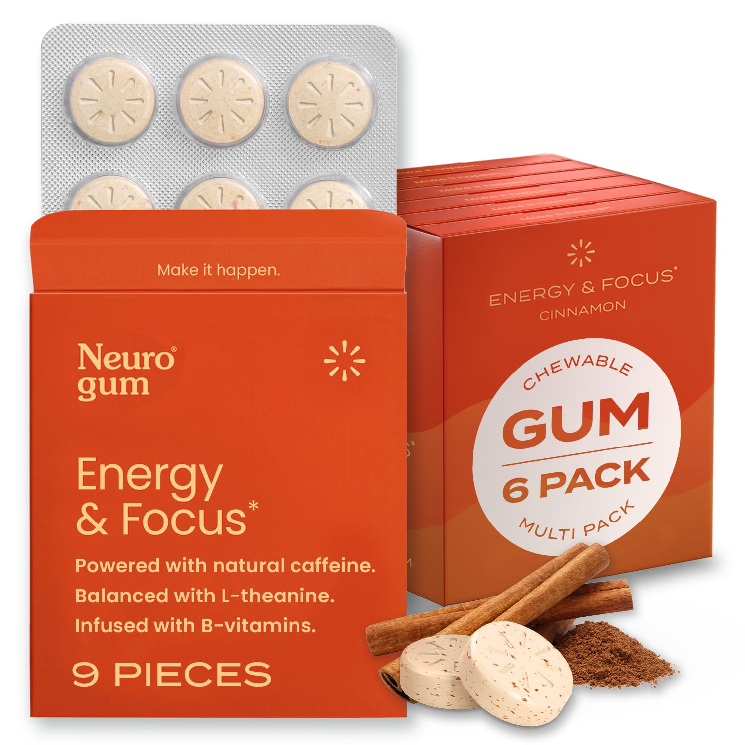 NeuroGum Energy Caffeine Gum (54 Pieces) - Sugar Free with L-theanine + Natural Caffeine + Vitamin B12 & B6 - Nootropic Energy & Focus Supplement for Women & Men - Keto & Vegan, Cinnamon Flavor