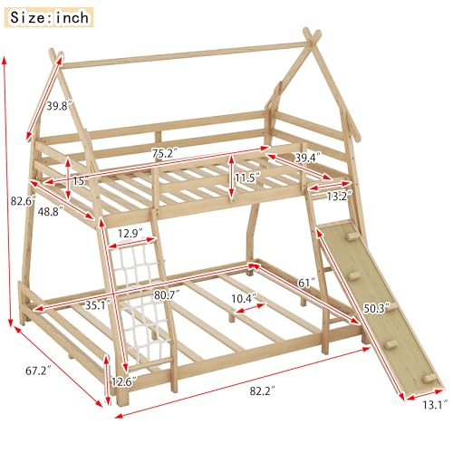RORIGAT Twin Over Queen House Bunk Bed with Climbing Nets and Climbing Ramp, Wooden Low BunkBed Frame for Kids Boys Girls Bedroom,Natural