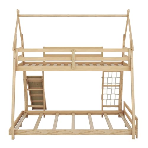 RORIGAT Twin Over Queen House Bunk Bed with Climbing Nets and Climbing Ramp, Wooden Low BunkBed Frame for Kids Boys Girls Bedroom,Natural