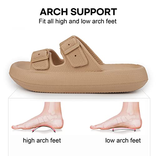 LongBay Women Men Double Buckle Adjustable EVA Slide Slippers Cloud Pillow Sandals (Brown, 11.5-12.5 Women/9.5-10.5 Men