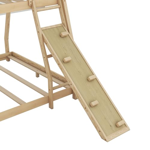 RORIGAT Twin Over Queen House Bunk Bed with Climbing Nets and Climbing Ramp, Wooden Low BunkBed Frame for Kids Boys Girls Bedroom,Natural
