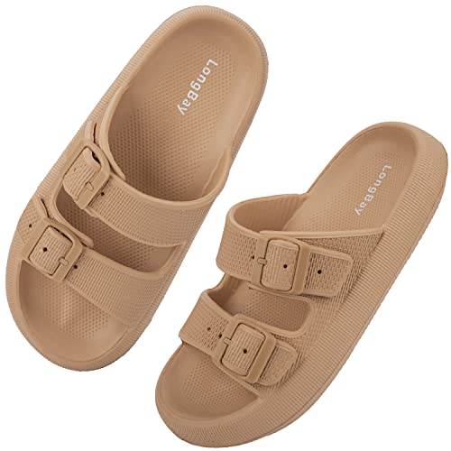 LongBay Women Men Double Buckle Adjustable EVA Slide Slippers Cloud Pillow Sandals (Brown, 11.5-12.5 Women/9.5-10.5 Men