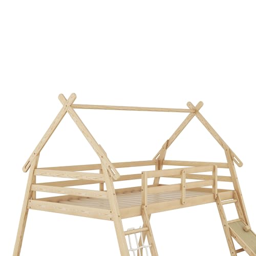 RORIGAT Twin Over Queen House Bunk Bed with Climbing Nets and Climbing Ramp, Wooden Low BunkBed Frame for Kids Boys Girls Bedroom,Natural