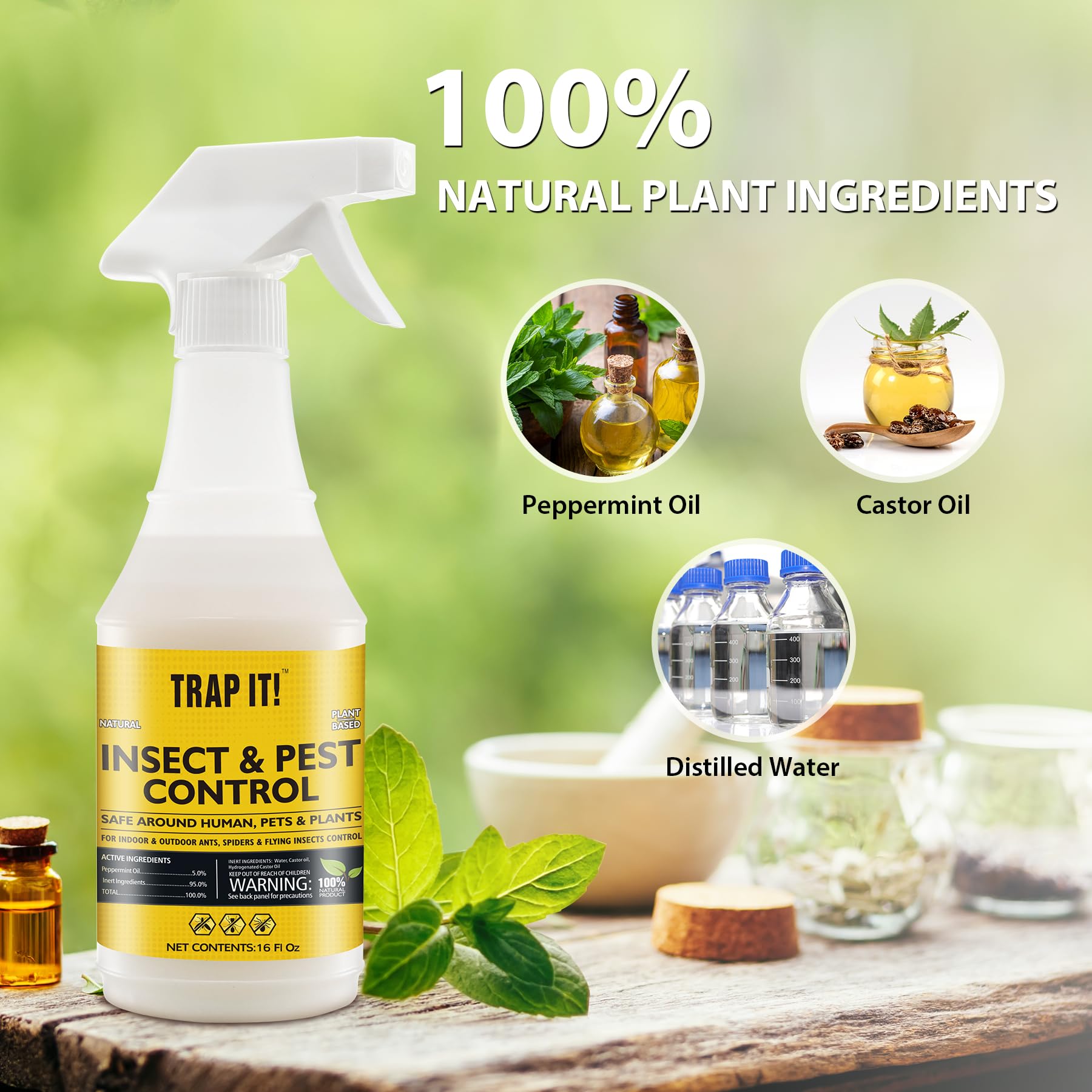 TRAP IT! Insect Repellent Peppermint Oil Spray for Bugs, 16OZ Natural Pest Control Spray for Home Kitchen Ant Spider Roach Fly Killer, DEET-Free Pet Family Safe Bug Spray Indoor Outdoor Patio Yard