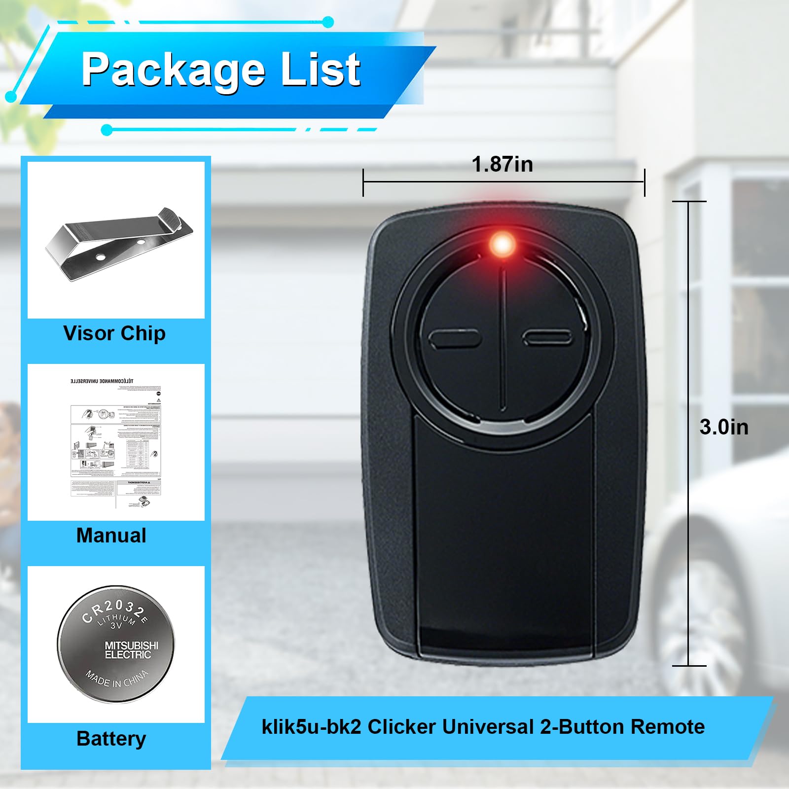 [3 Pack] klik5u-bk2 klik3u-bk clicker Universal 2-Button Remote for Chamberlain LiftMaster Craftsman Garage Door Opener. Wireless Keyless for Red/Orange/Purple/Green/Yellow Learn Button/Dip Switch