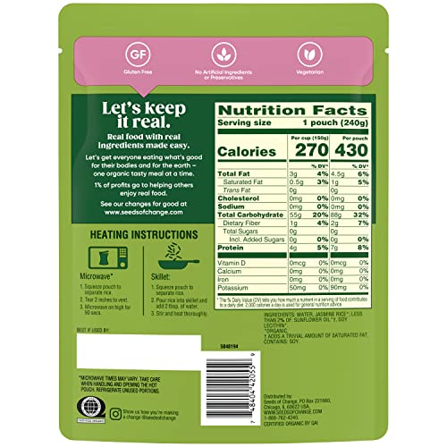 SEEDS OF CHANGE Organic Aromatic Jasmine Rice, Microwaveable Ready to Heat. 8.5 Ounces (Pack of 12)