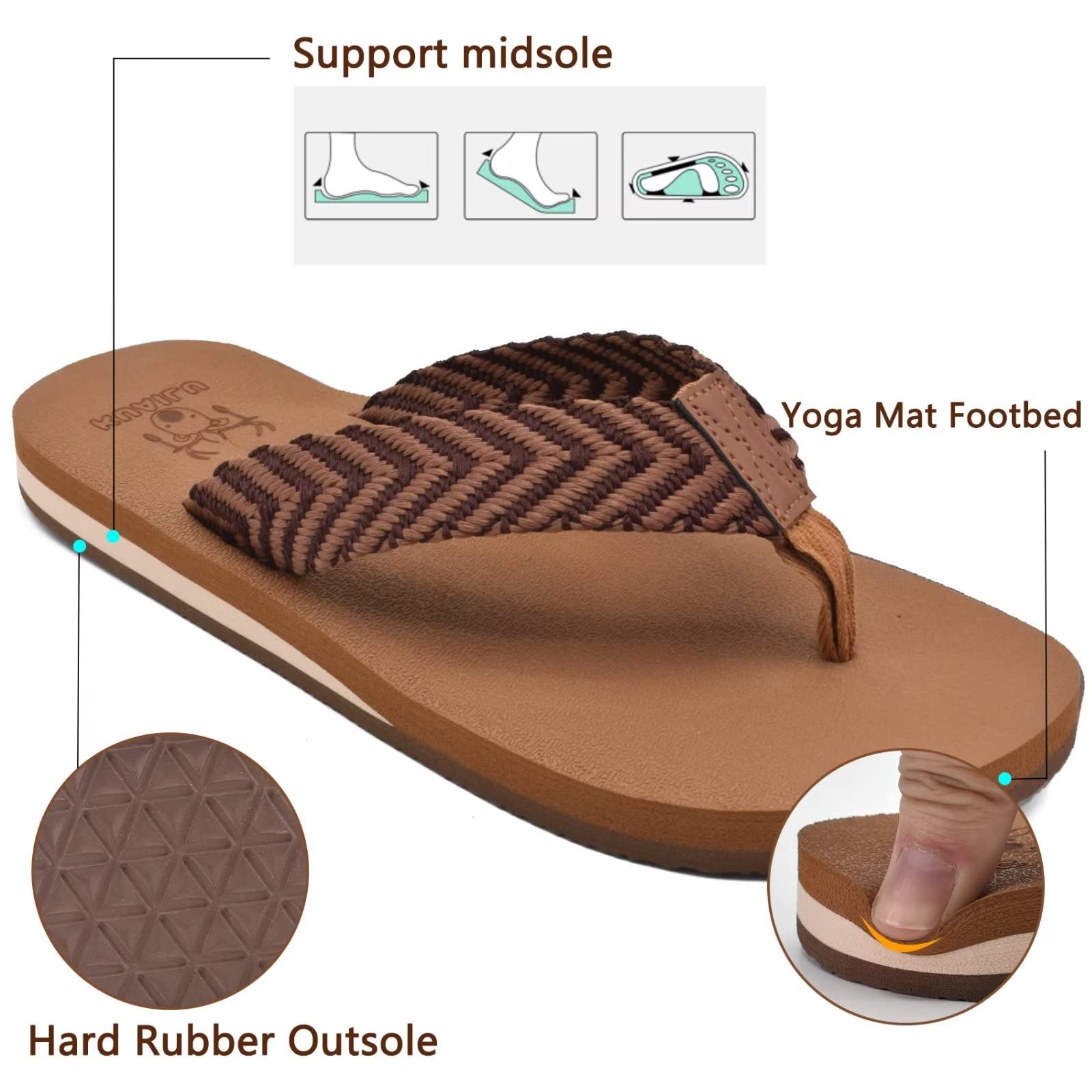 KuaiLu Men's Yoga Mat Leather Flip Flops Thong Sandals with Arch Support Khaki Brown Size 10