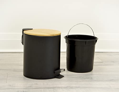 AQ Round Metal 5 Liter/1.3 Gallon Step Trash Can with Removable Liner & Soft Close Lid, Small Garbage Pedal Waste Bin for Bathroom, Bedroom or Office - Matte Black & Bamboo