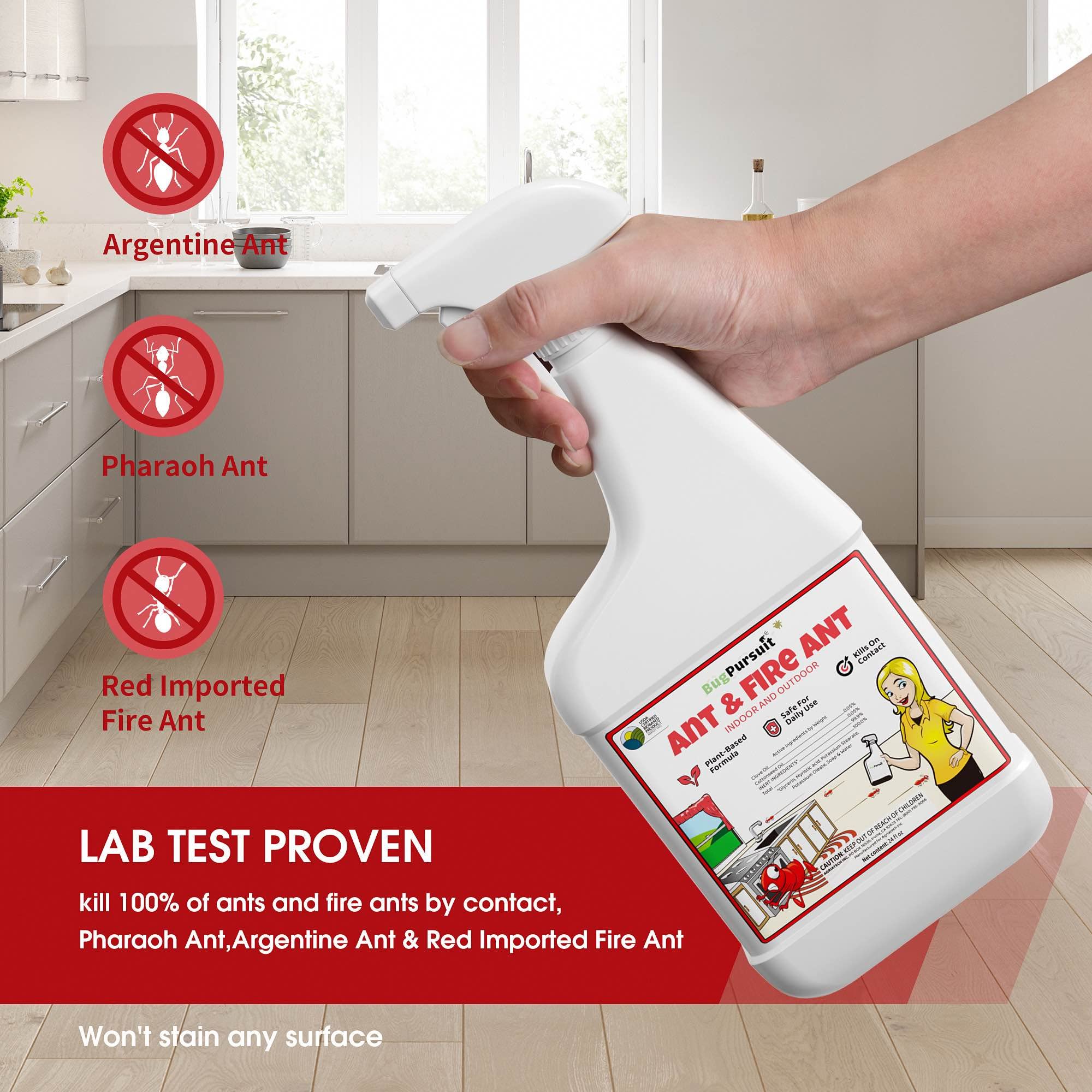 BugPursuit 24oz Ant Killer use for Indoor and Outdoor, Effective, Non-Staining, Ants,Fire Ants, and Other Insect Killer, Ant Spray Safe for Pets and Kids,Non-Toxic, 100% USDA Biobased, Made in USA