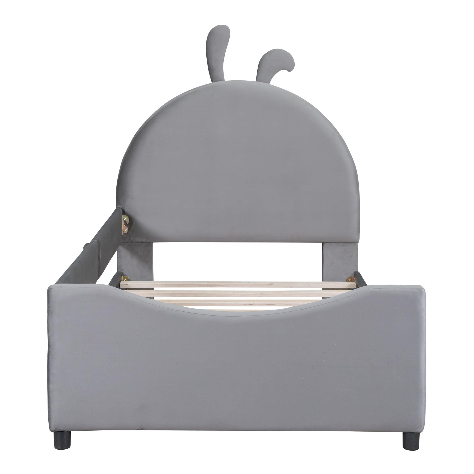 FANYHOME Twin Size Upholstered Daybed with Rabbit Ear Shaped Headboard, Modern Low Profile Bed with Sturdy Wooden Slats Support, Wooden Daybed Frame for Kids Boys Girls, No Box Spring Needed,Gray