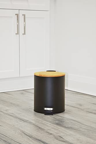 AQ Round Metal 5 Liter/1.3 Gallon Step Trash Can with Removable Liner & Soft Close Lid, Small Garbage Pedal Waste Bin for Bathroom, Bedroom or Office - Matte Black & Bamboo