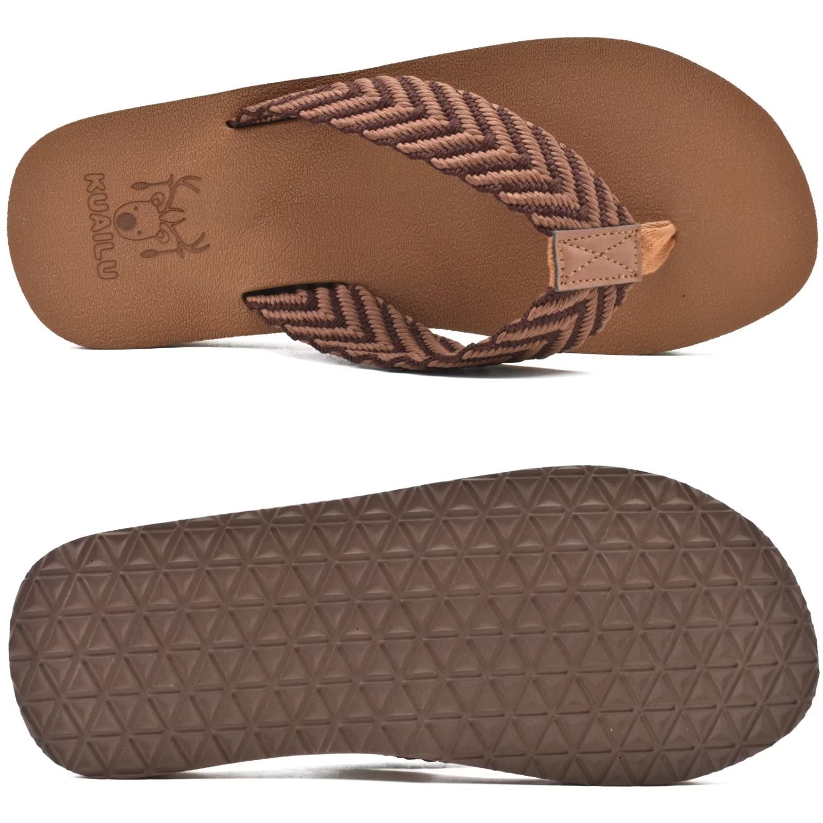 KuaiLu Men's Yoga Mat Leather Flip Flops Thong Sandals with Arch Support Khaki Brown Size 10