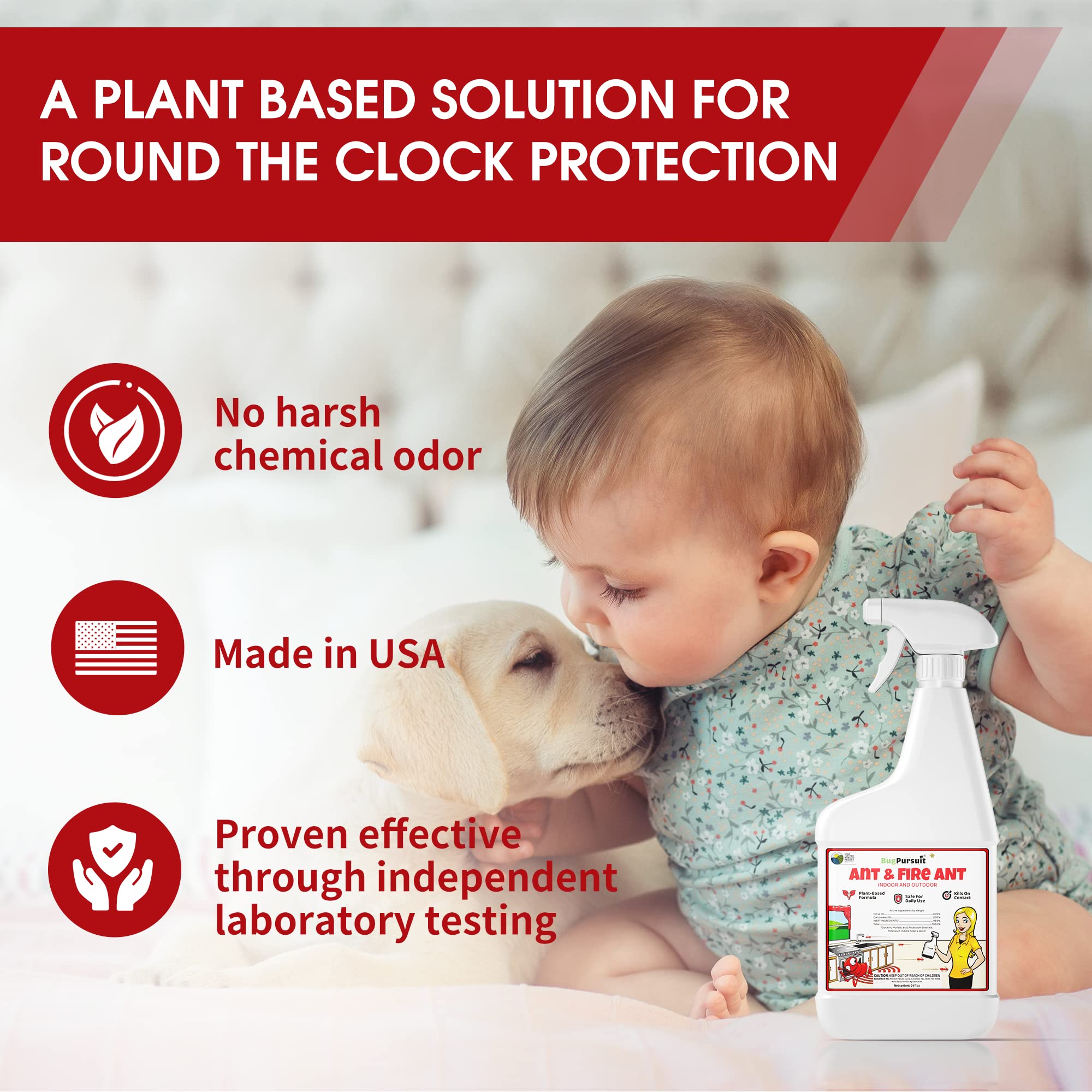 BugPursuit 24oz Ant Killer use for Indoor and Outdoor, Effective, Non-Staining, Ants,Fire Ants, and Other Insect Killer, Ant Spray Safe for Pets and Kids,Non-Toxic, 100% USDA Biobased, Made in USA