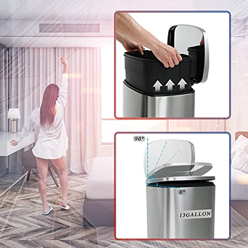 Kitchen Trash Waste Bin 13 Gallon Brushed Stainless Steel Garbage Can with Soft Slow Lid Pedal Trash Can High Capacity 50 Liter Removable Plastic Inner Bucket Large Trash Can for Home Office