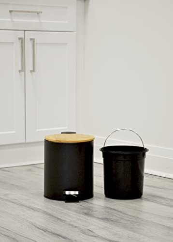 AQ Round Metal 5 Liter/1.3 Gallon Step Trash Can with Removable Liner & Soft Close Lid, Small Garbage Pedal Waste Bin for Bathroom, Bedroom or Office - Matte Black & Bamboo