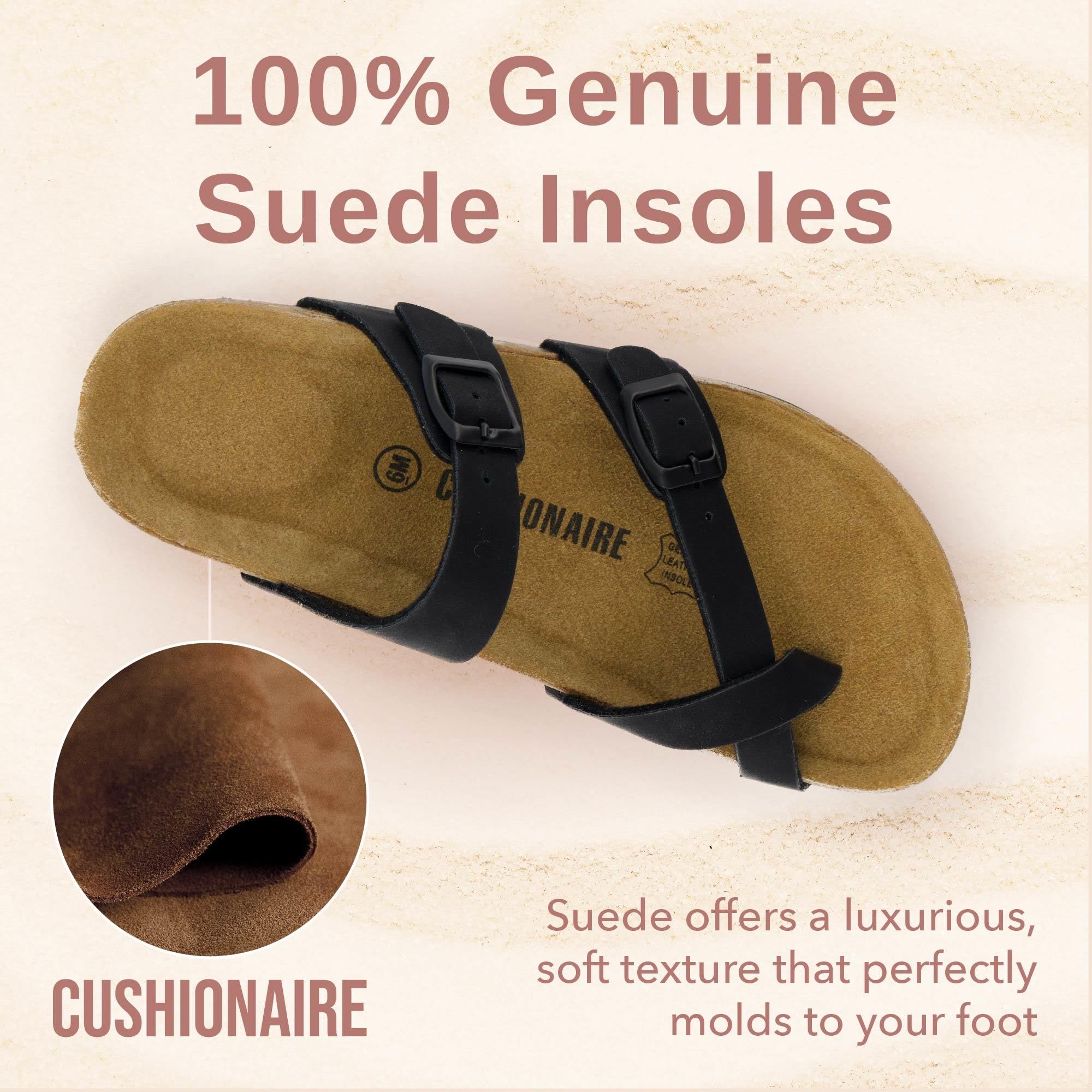 CUSHIONAIRE Luna Cork Footbed Women's Sandals - Comfortable Slip-On Slides with Adjustable Straps & Memory Foam for All-Day Wear | Beach Essential Summer Sandals for Women 2025, BLACK 9