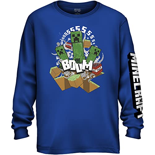Minecraft Boys Video Game T-Shirt - Black and Green Creeper Face - Official Long Sleeve Shirt (Royal, Medium)