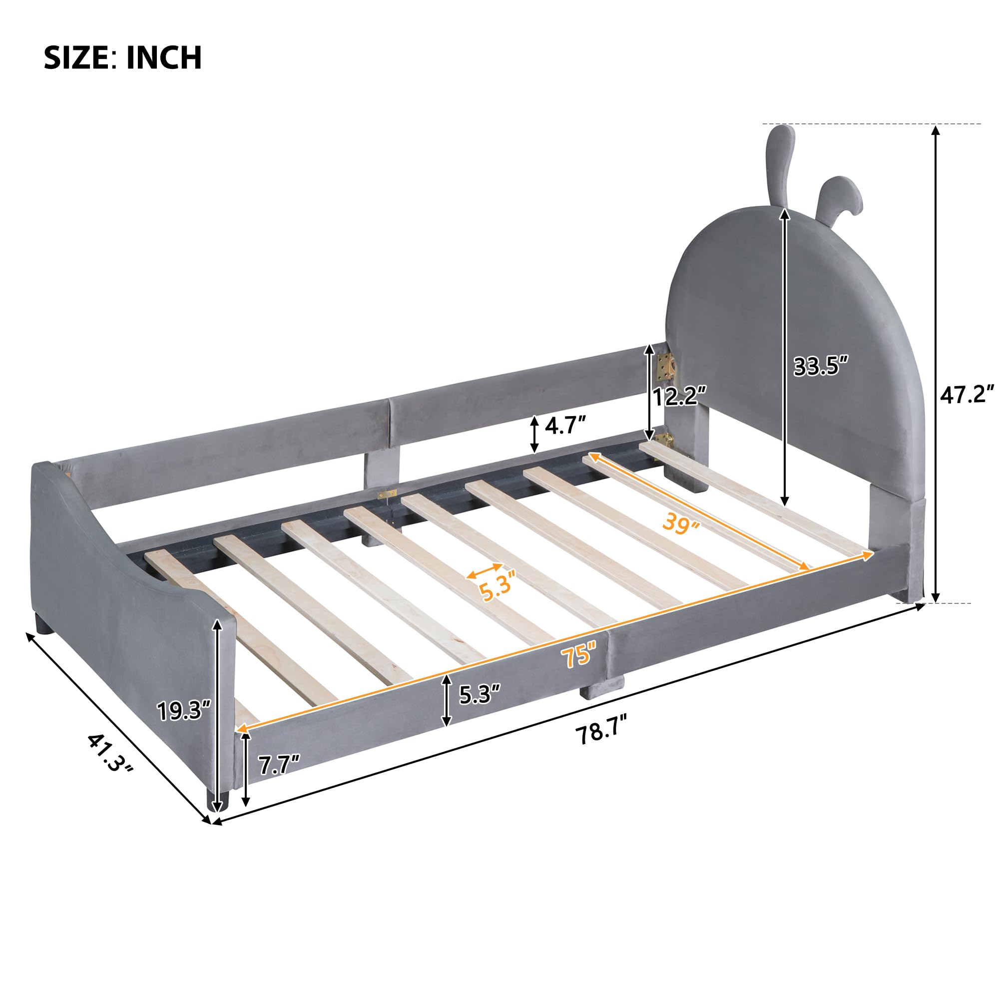FANYHOME Twin Size Upholstered Daybed with Rabbit Ear Shaped Headboard, Modern Low Profile Bed with Sturdy Wooden Slats Support, Wooden Daybed Frame for Kids Boys Girls, No Box Spring Needed,Gray