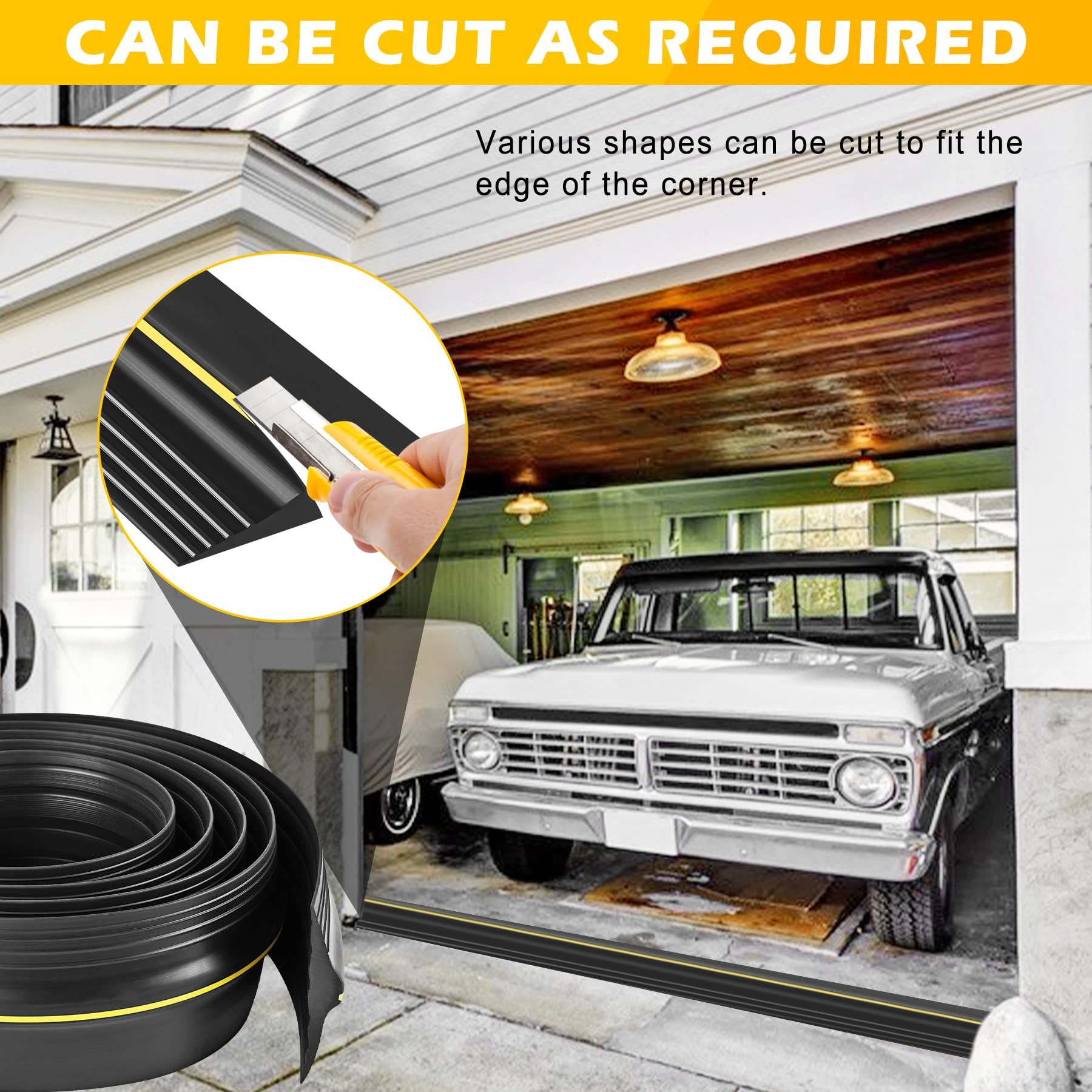 20Ft Universal Garage Door Bottom Threshold Seal Strip with 20oz Glue Gel, Weatherproof Rubber DIY Weather Stripping Replacement - Black