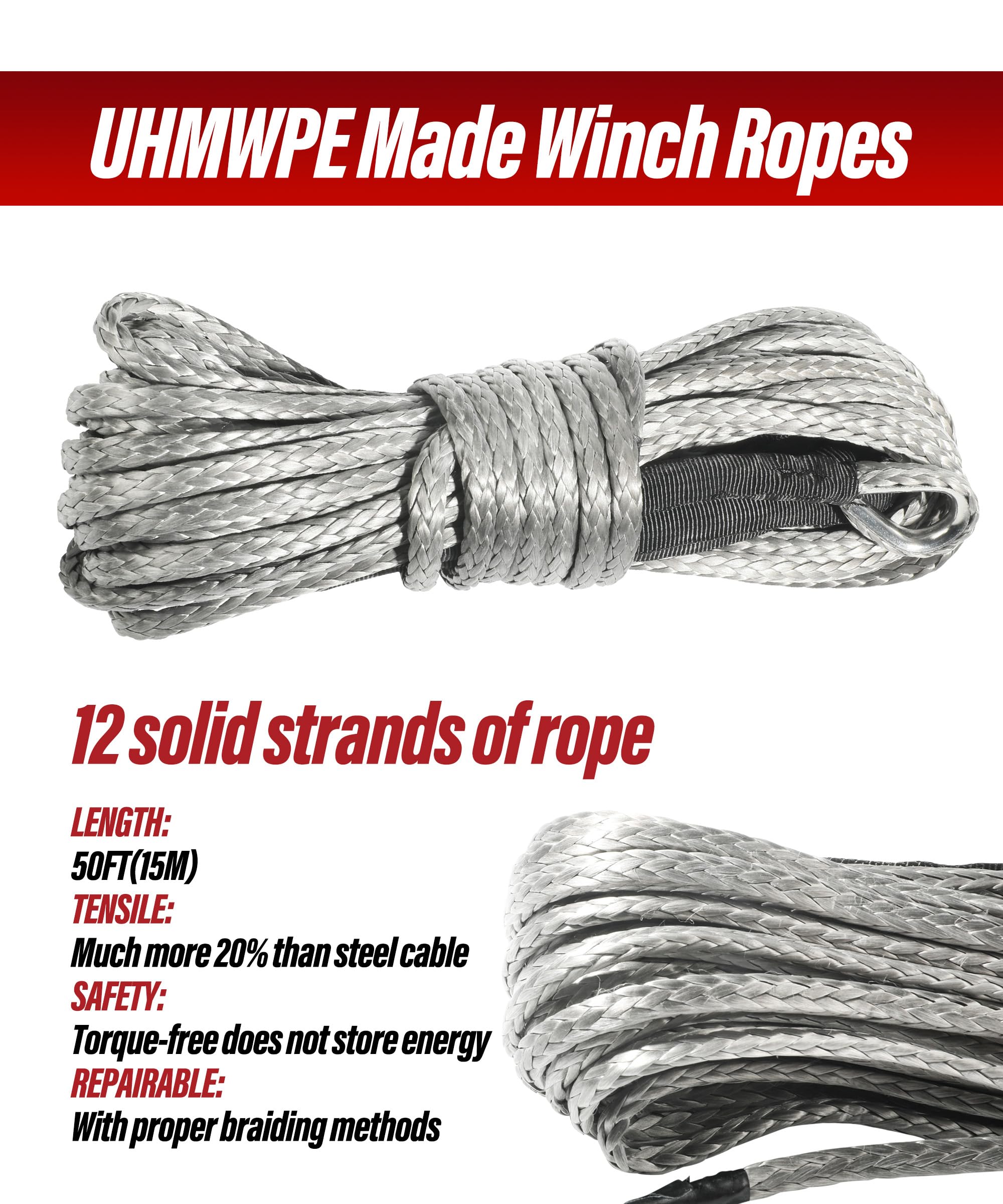 ESEWALAS Synthetic Winch Rope Kit,3/16 Inch x 50 Feet 8,350LBs Synthetic Winch Rope ATV Winch Line Cable Rope with Steel Hook Rubber Stopper Protecting Sleeve/Sheath and Thimble