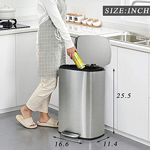 Kitchen Trash Waste Bin 13 Gallon Brushed Stainless Steel Garbage Can with Soft Slow Lid Pedal Trash Can High Capacity 50 Liter Removable Plastic Inner Bucket Large Trash Can for Home Office