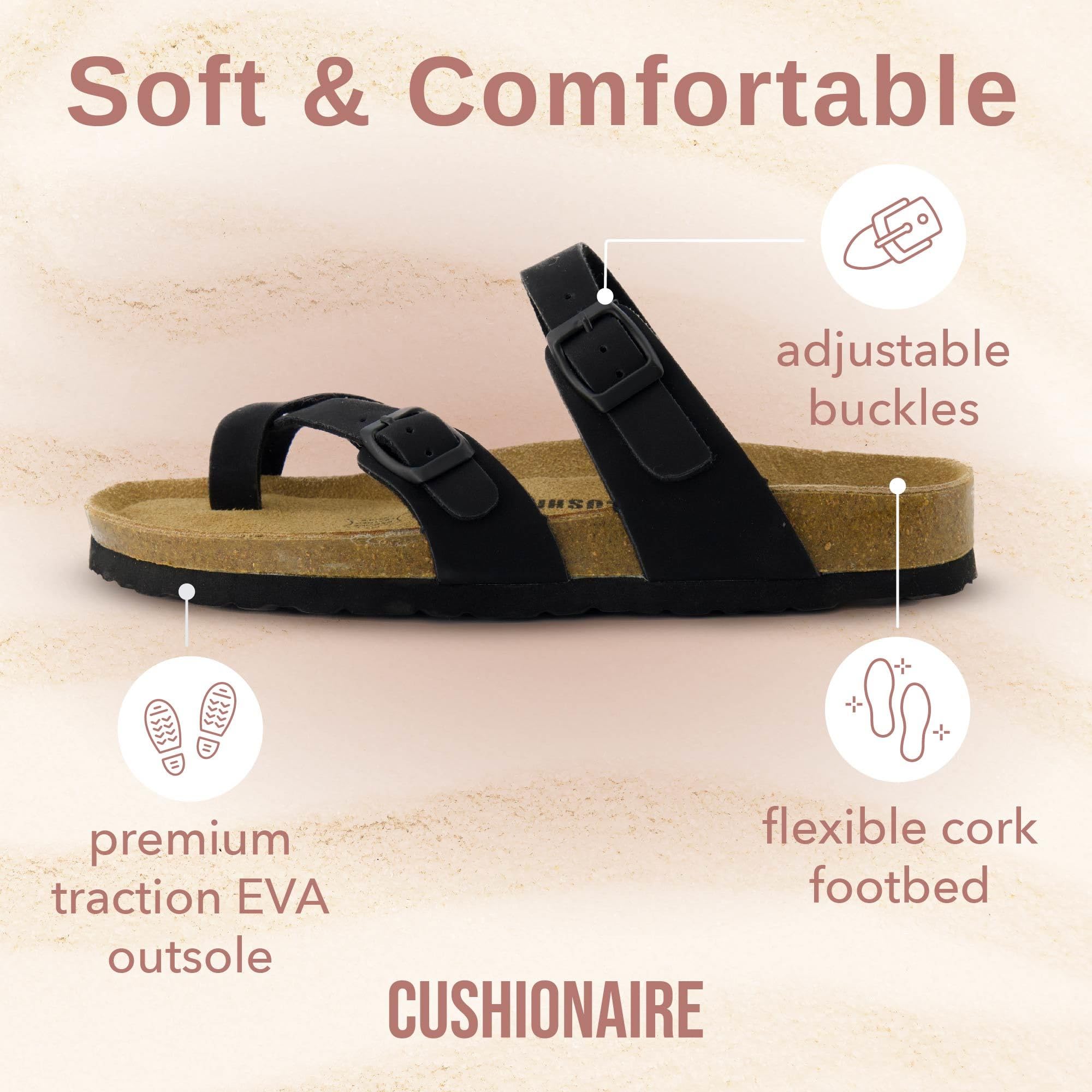 CUSHIONAIRE Luna Cork Footbed Women's Sandals - Comfortable Slip-On Slides with Adjustable Straps & Memory Foam for All-Day Wear | Beach Essential Summer Sandals for Women 2025, BLACK 9