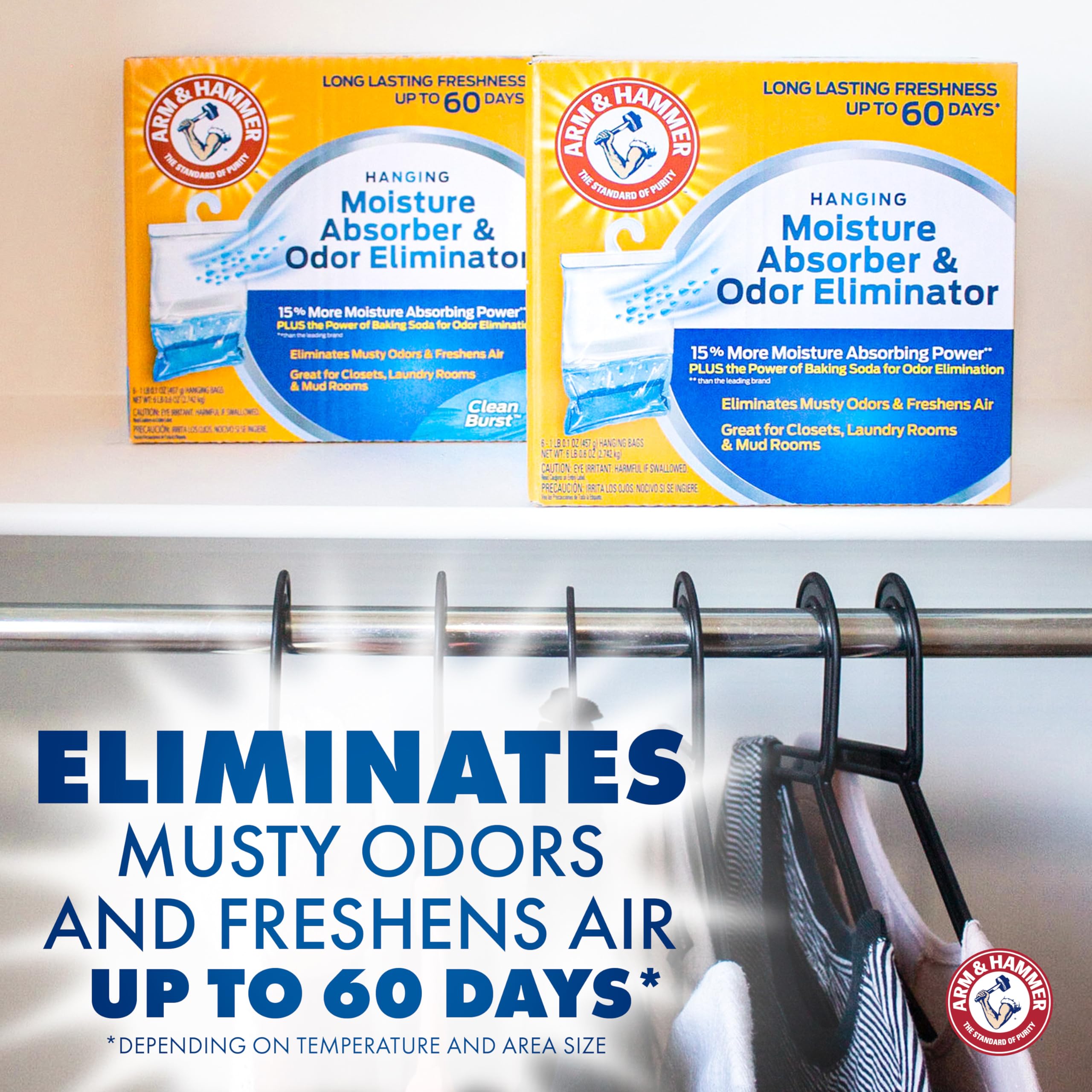 Arm & Hammer Hanging Moisture Absorber and Odor Eliminator, 16.1 oz., 6 Pack, Clean Burst, Moisture Absorbers for Closet and Small Rooms, Long-Lasting Freshness