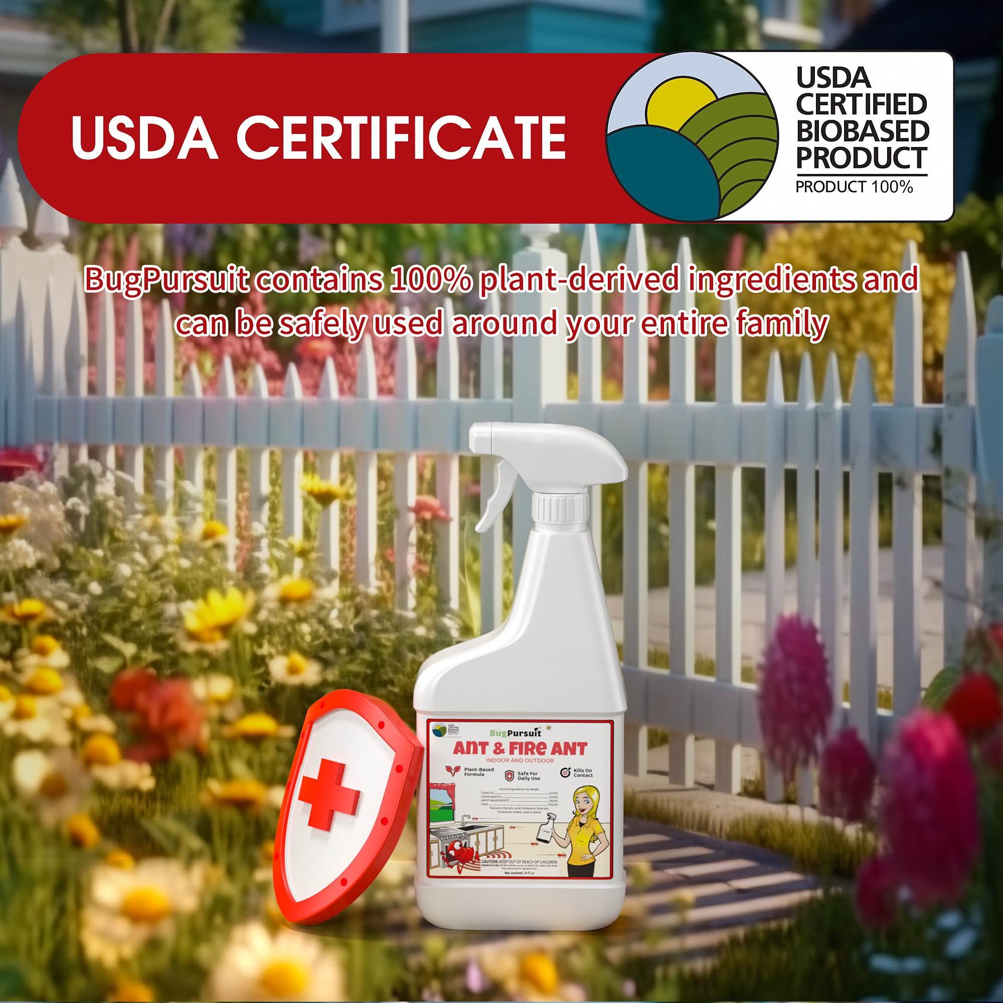 BugPursuit 24oz Ant Killer use for Indoor and Outdoor, Effective, Non-Staining, Ants,Fire Ants, and Other Insect Killer, Ant Spray Safe for Pets and Kids,Non-Toxic, 100% USDA Biobased, Made in USA