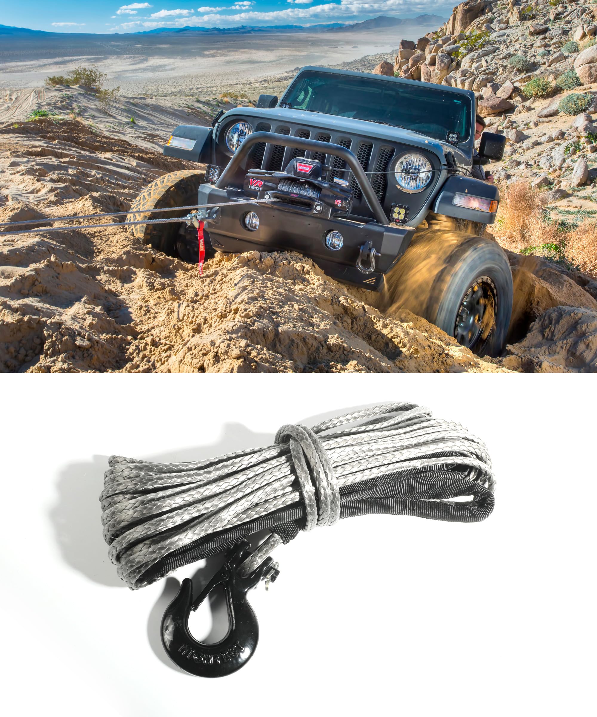 ESEWALAS Synthetic Winch Rope Kit,3/16 Inch x 50 Feet 8,350LBs Synthetic Winch Rope ATV Winch Line Cable Rope with Steel Hook Rubber Stopper Protecting Sleeve/Sheath and Thimble
