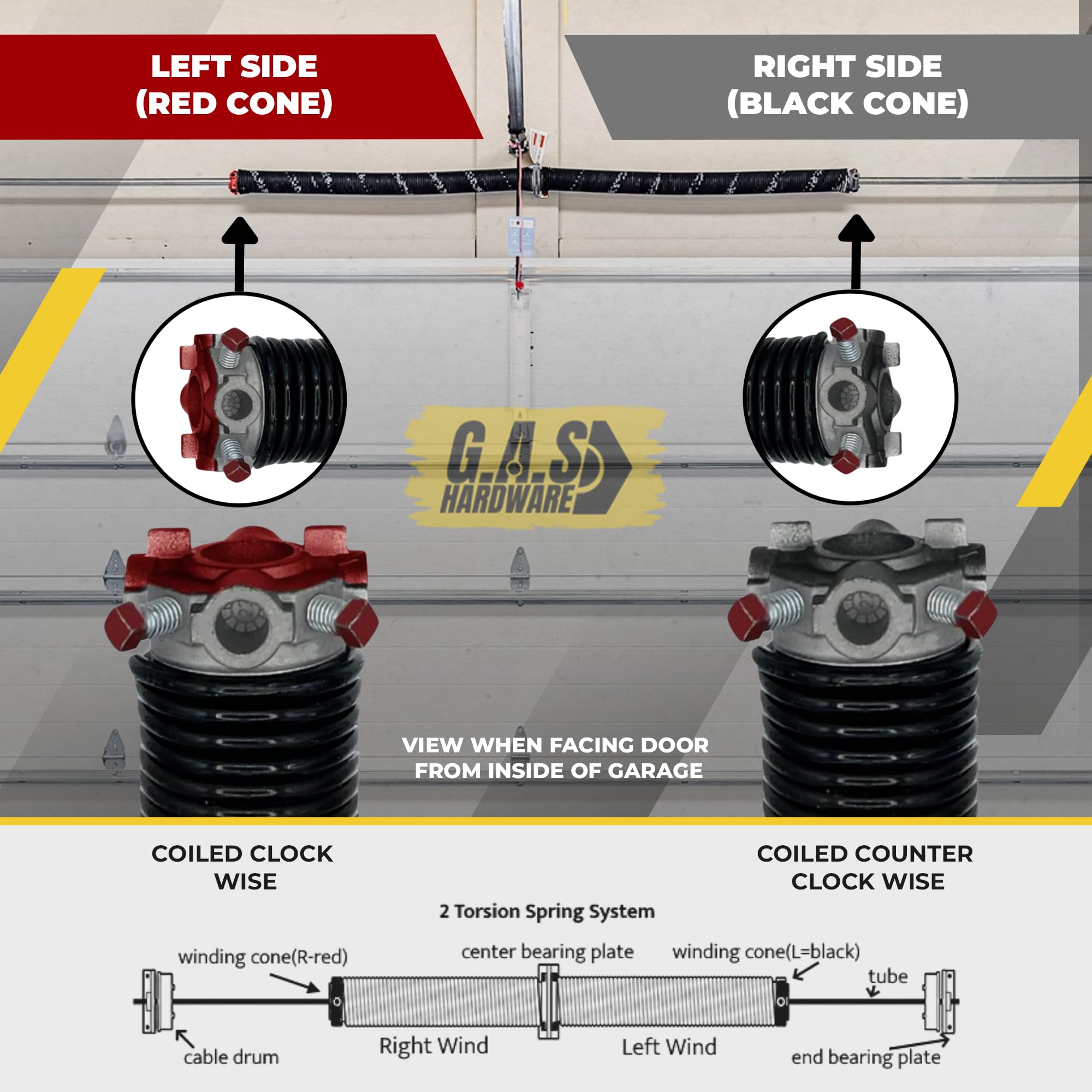 Garage Door Torsion Spring 218x2x26 for Left Side of Garage Door with Winding Bars, 1" Nylon Bushing, and Gloves Heavy Duty Precision E-Coating 5-Year Warranty Minimum 30,000 Cycles (Red Cone)