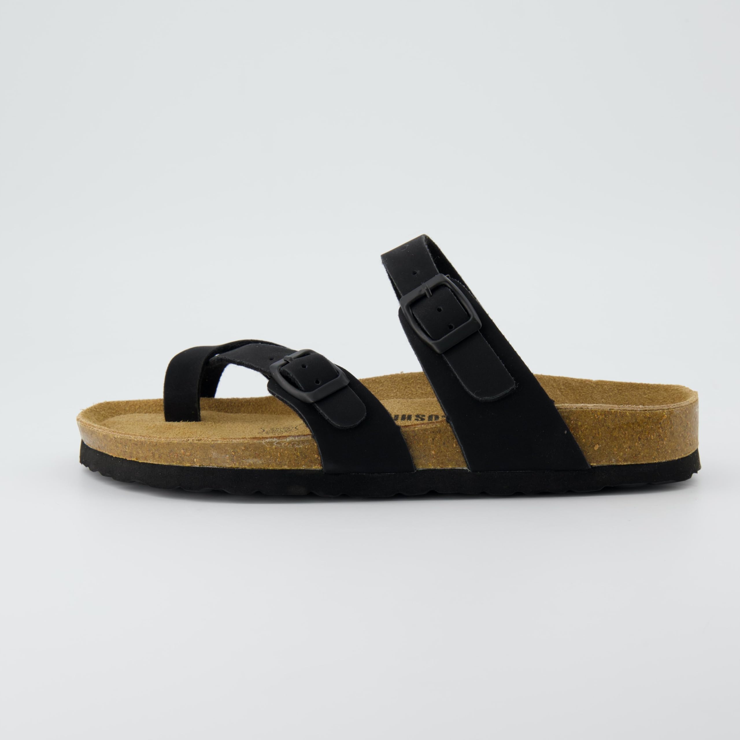 CUSHIONAIRE Luna Cork Footbed Women's Sandals - Comfortable Slip-On Slides with Adjustable Straps & Memory Foam for All-Day Wear | Beach Essential Summer Sandals for Women 2025, BLACK 9