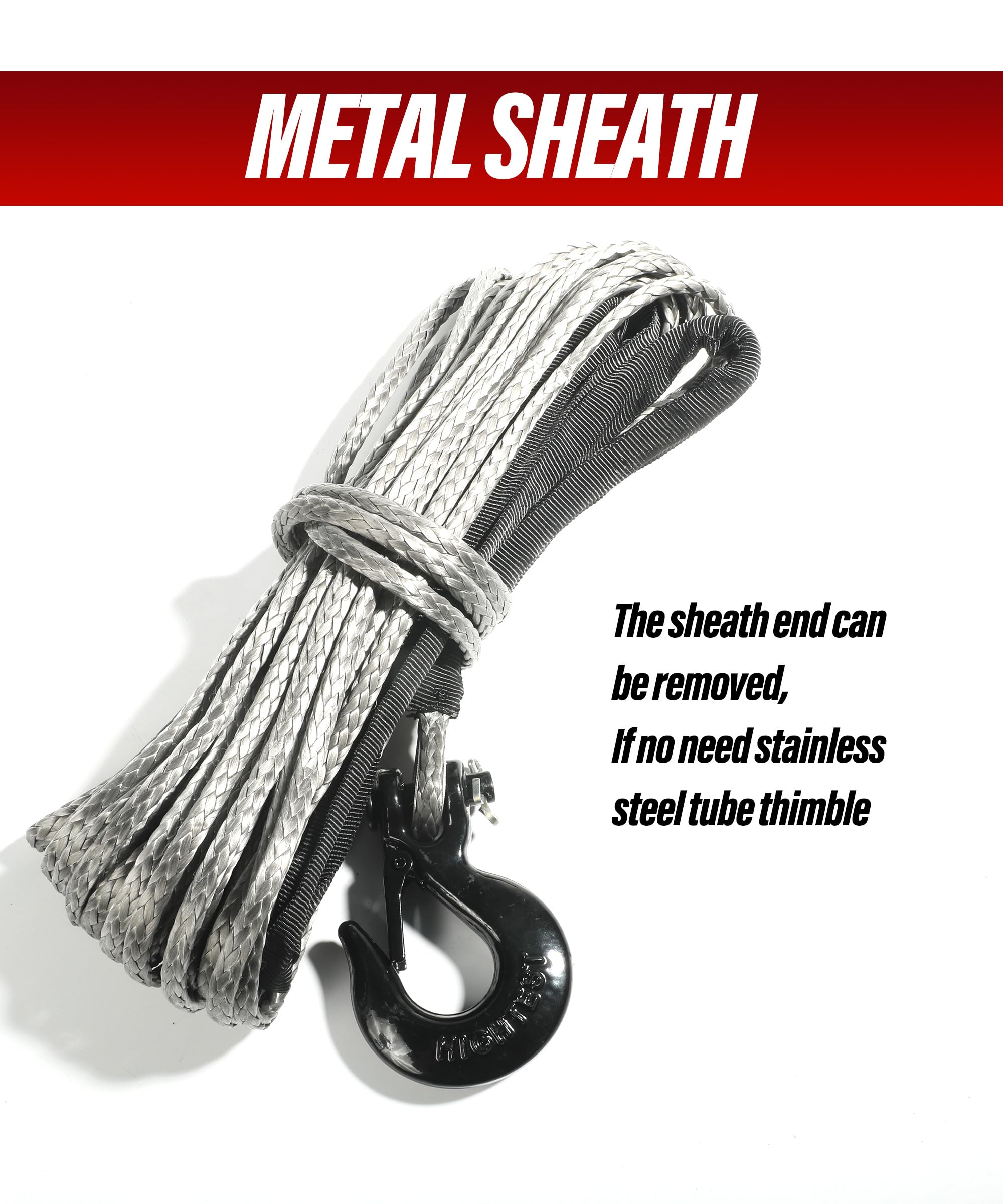 ESEWALAS Synthetic Winch Rope Kit,3/16 Inch x 50 Feet 8,350LBs Synthetic Winch Rope ATV Winch Line Cable Rope with Steel Hook Rubber Stopper Protecting Sleeve/Sheath and Thimble