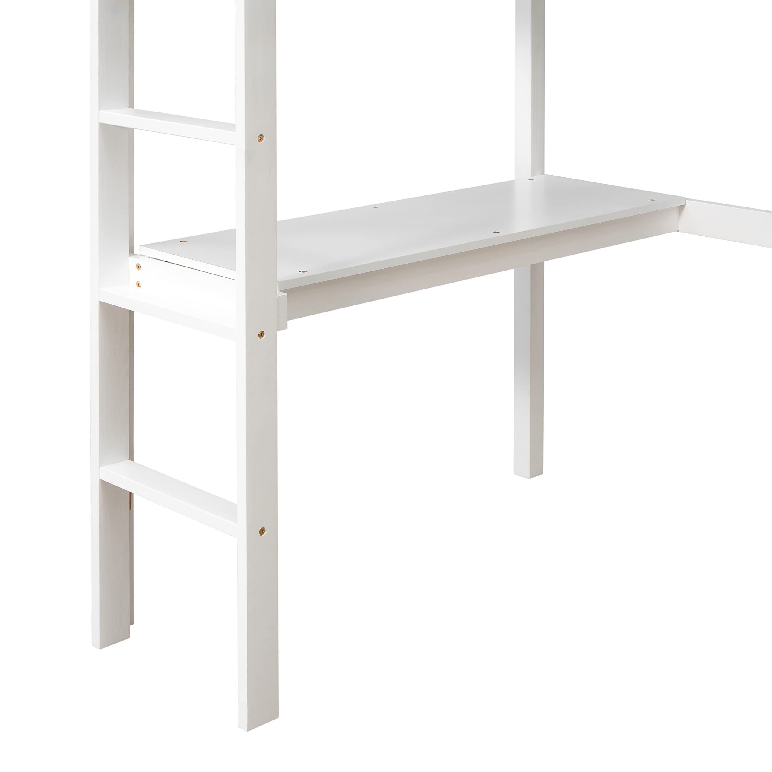 Myshle Twin Loft Bed with Built-in Desk and Ladder, Wooden Bedfame for Kids Teens Bedroom, Space Saving,No Box Spring Need,White