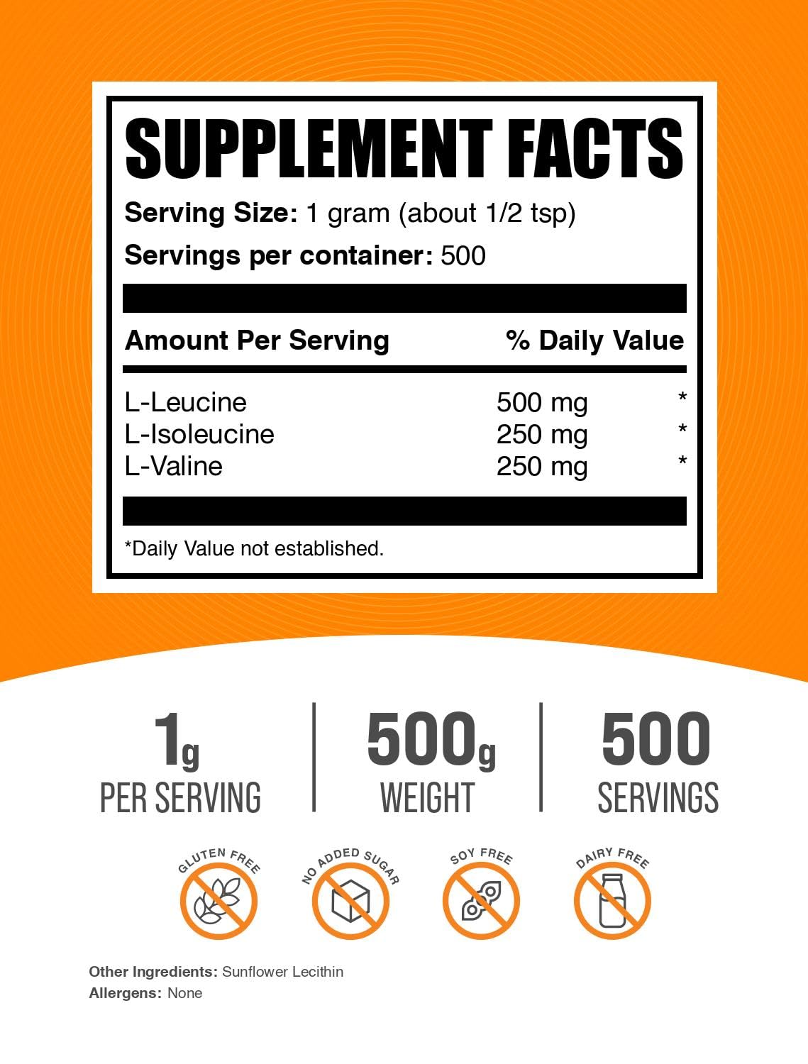 BulkSupplements.com BCAA 2:1:1 Powder - Branched Chain Amino Acids, BCAA Supplement, BCAAs Amino Acids Powder - Unflavored & Gluten Free, 1000mg per Serving, 500g (1.1 lbs) (Pack of 1)
