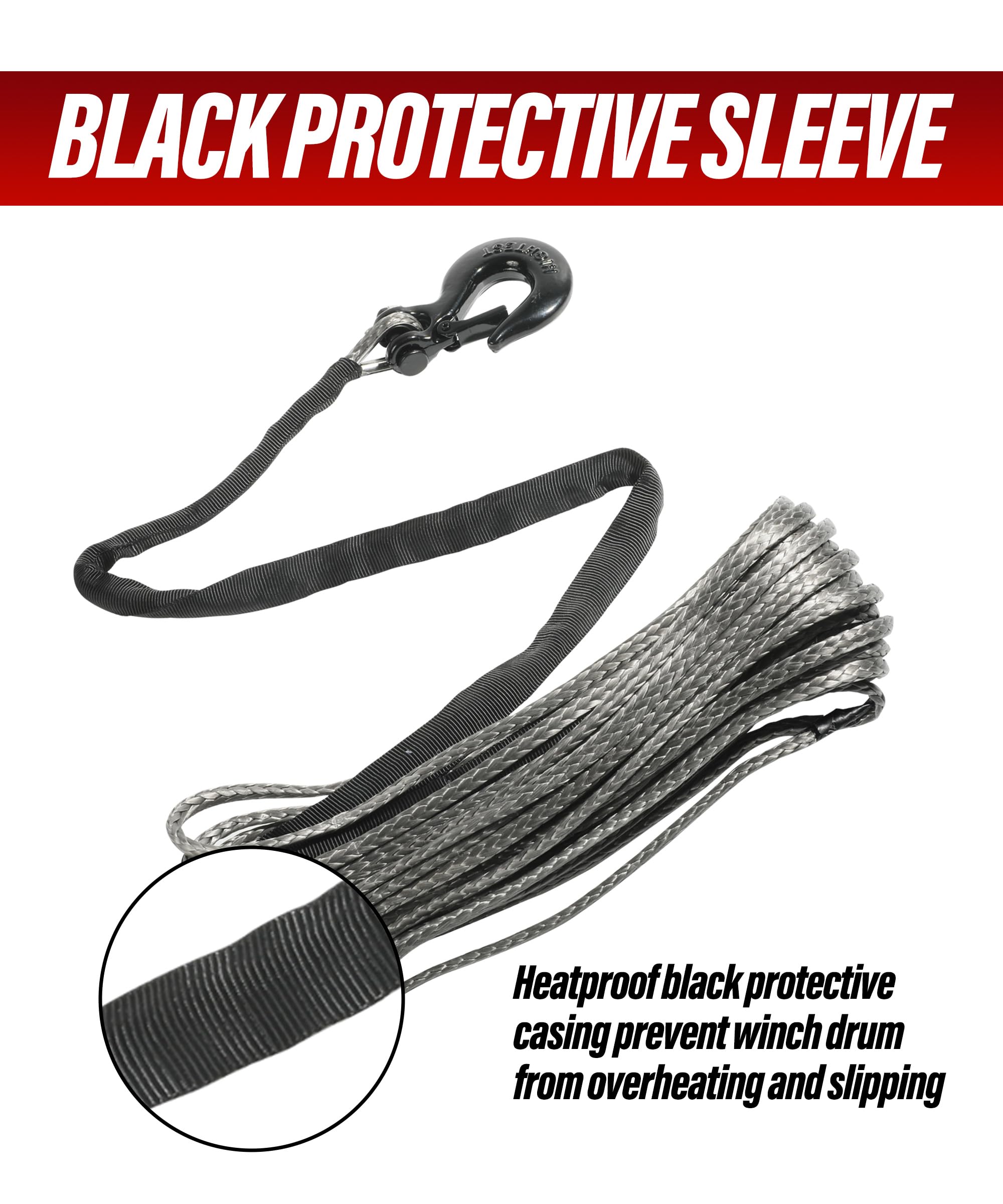 ESEWALAS Synthetic Winch Rope Kit,3/16 Inch x 50 Feet 8,350LBs Synthetic Winch Rope ATV Winch Line Cable Rope with Steel Hook Rubber Stopper Protecting Sleeve/Sheath and Thimble