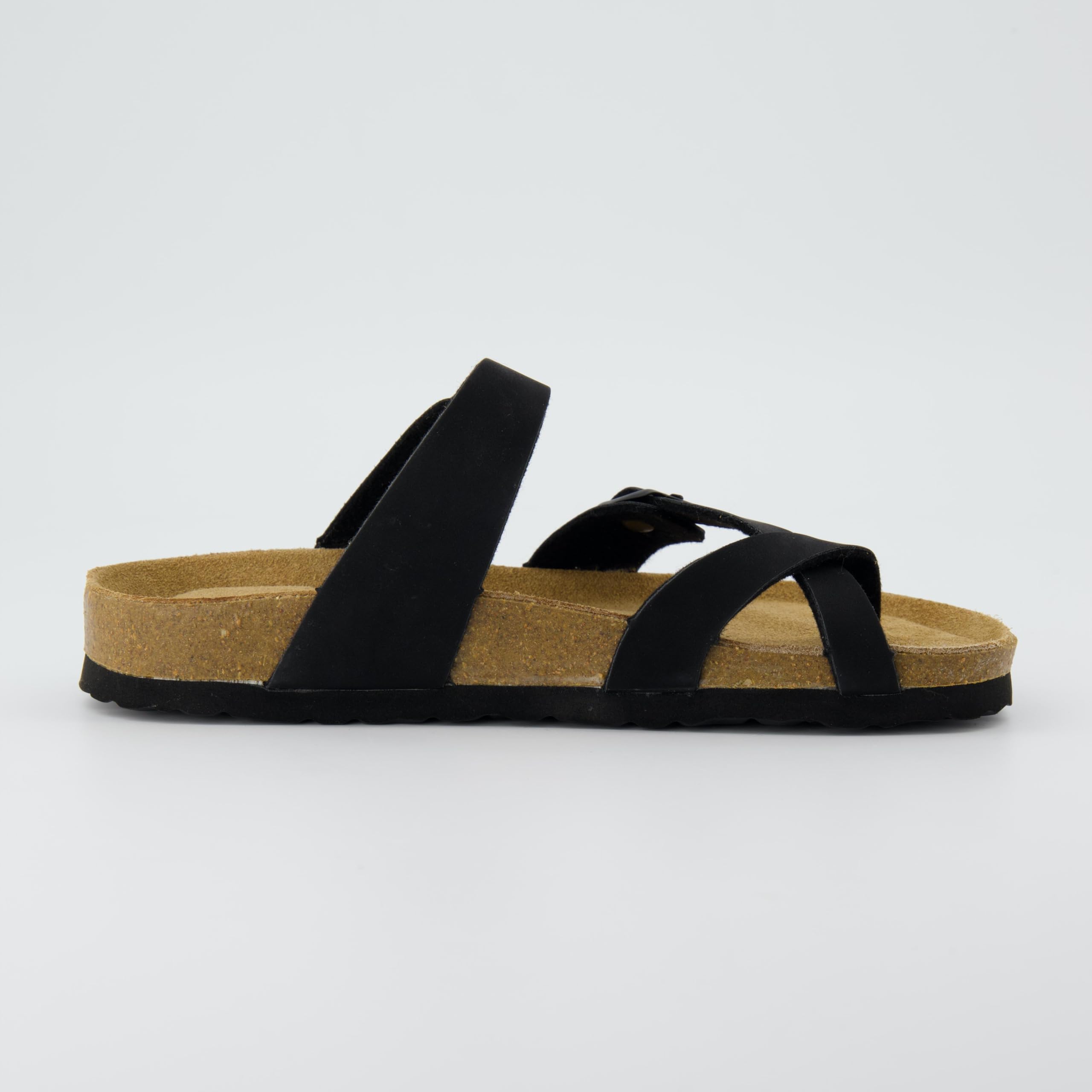 CUSHIONAIRE Luna Cork Footbed Women's Sandals - Comfortable Slip-On Slides with Adjustable Straps & Memory Foam for All-Day Wear | Beach Essential Summer Sandals for Women 2025, BLACK 9