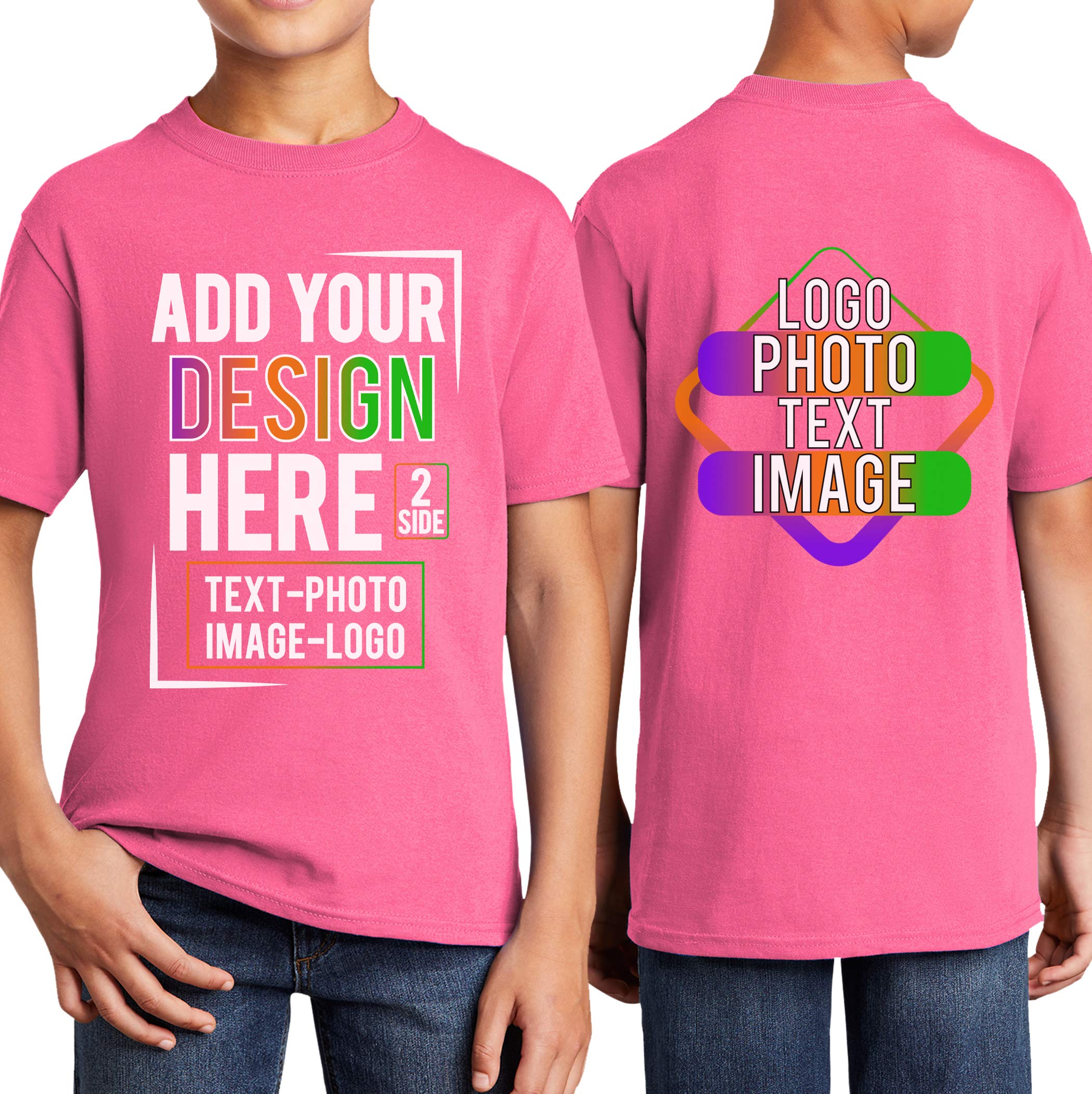 Custom T Shirt Youth Girl Boy Add Your Text Image Photo 2 Sided Personalized Kids T Shirt Neon Pink