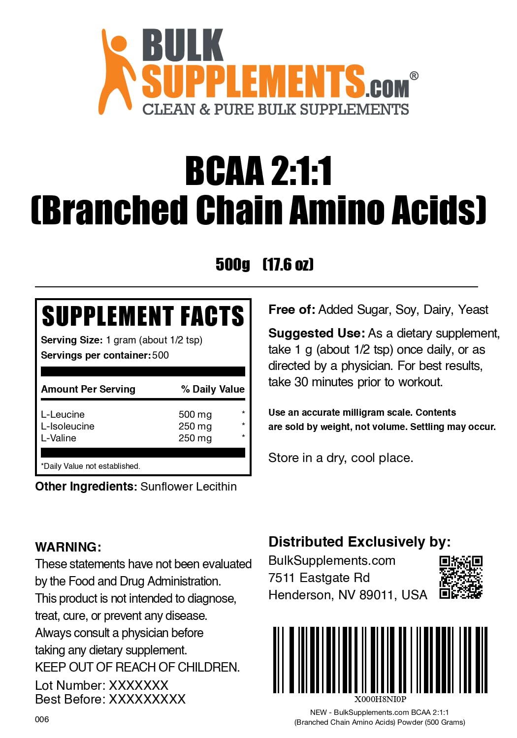 BulkSupplements.com BCAA 2:1:1 Powder - Branched Chain Amino Acids, BCAA Supplement, BCAAs Amino Acids Powder - Unflavored & Gluten Free, 1000mg per Serving, 500g (1.1 lbs) (Pack of 1)