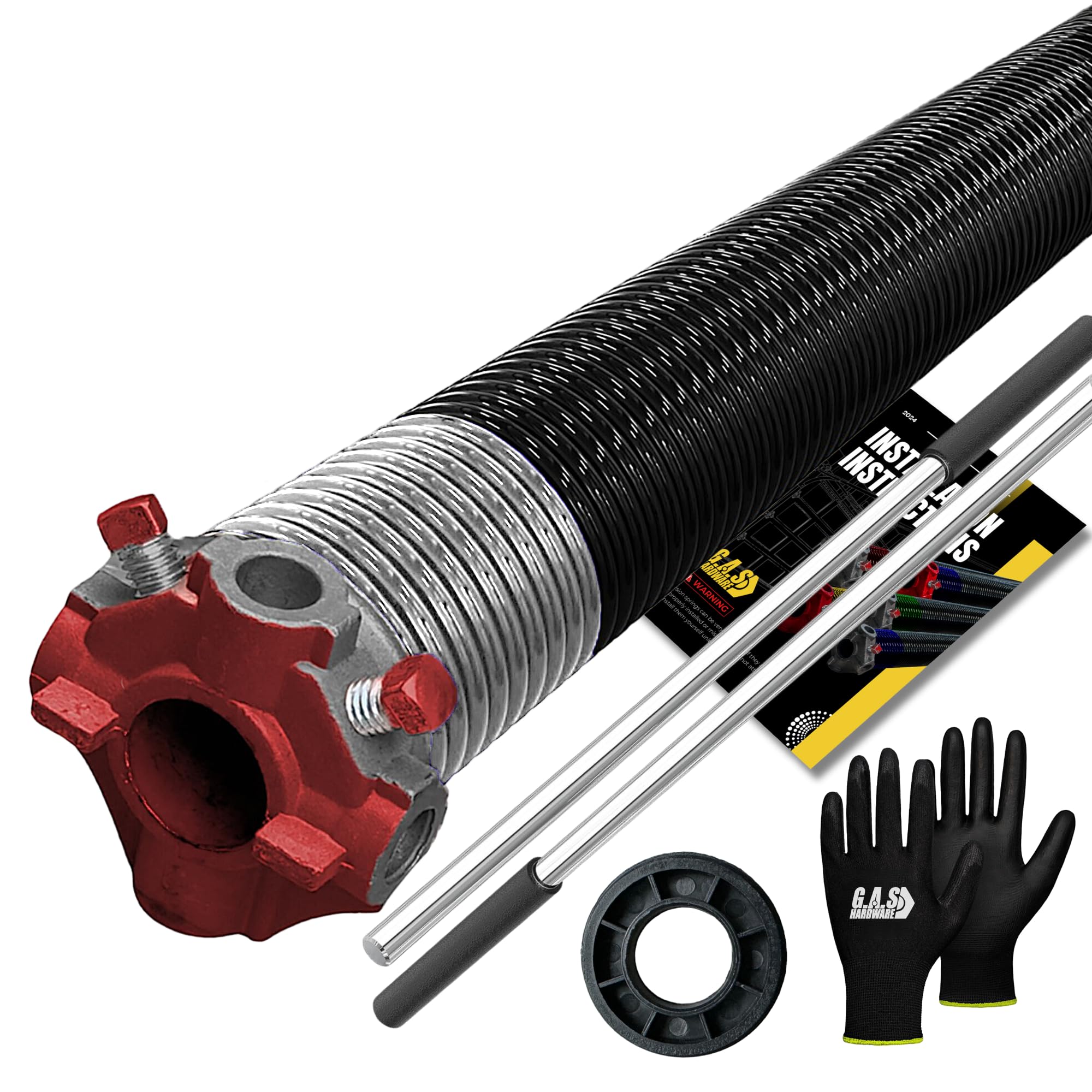 Garage Door Torsion Spring 218x2x26 for Left Side of Garage Door with Winding Bars, 1" Nylon Bushing, and Gloves Heavy Duty Precision E-Coating 5-Year Warranty Minimum 30,000 Cycles (Red Cone)