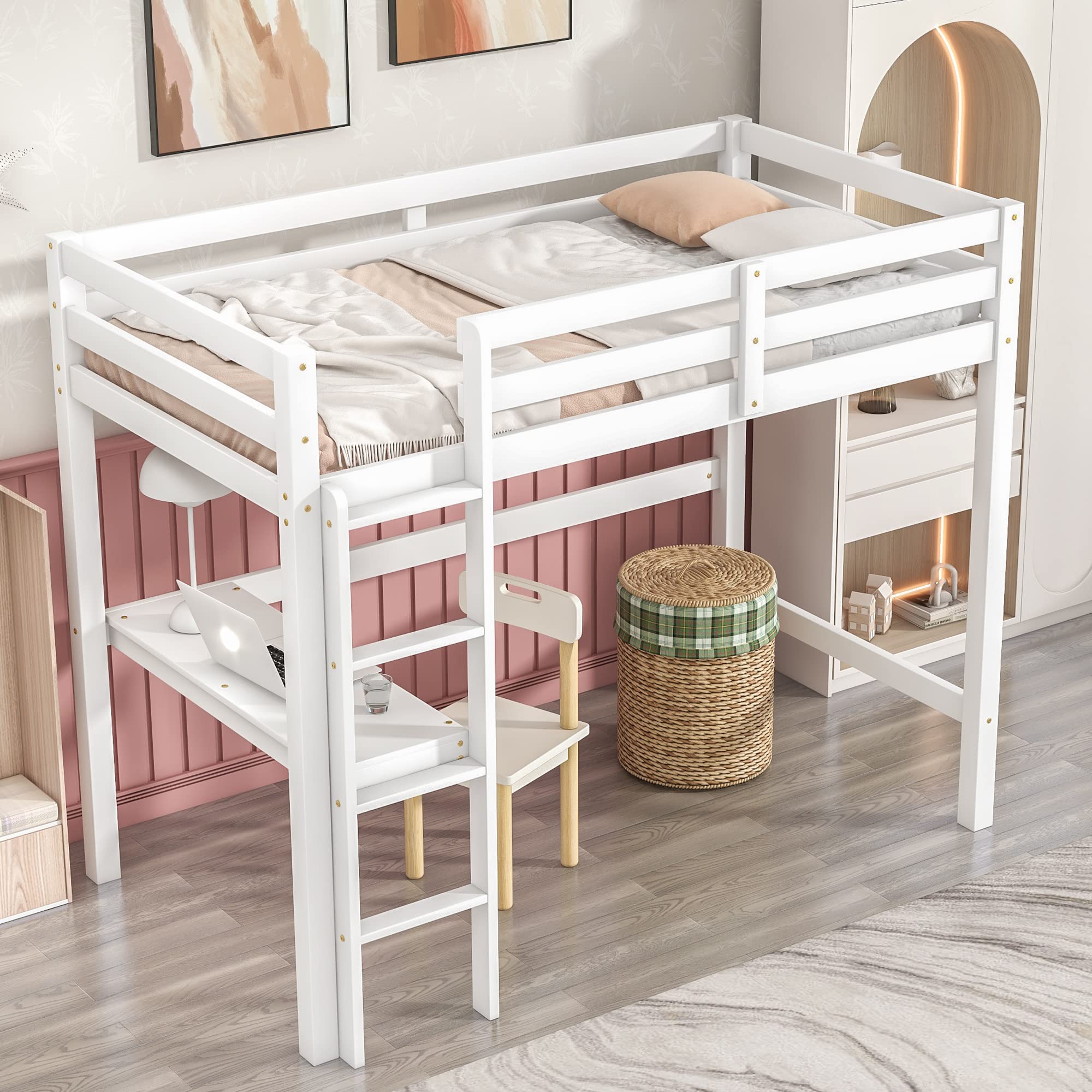Myshle Twin Loft Bed with Built-in Desk and Ladder, Wooden Bedfame for Kids Teens Bedroom, Space Saving,No Box Spring Need,White